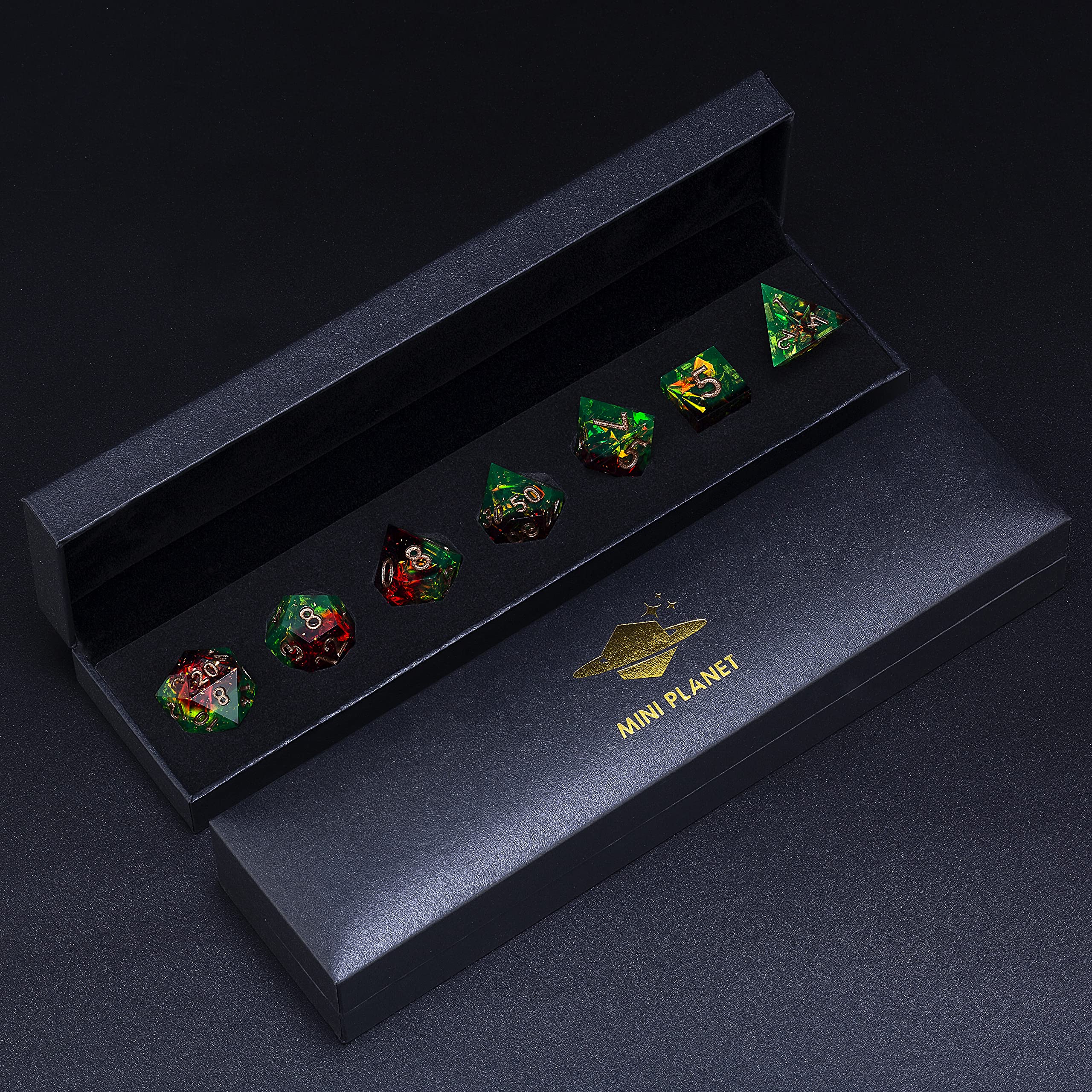 DND Dice Sharp Edge Dice Polyhedral Dice Mini Planet Dice Dungeons and Dragons Dice Handmade Dice Set Peachy Galaxy (Jungle FIRE)