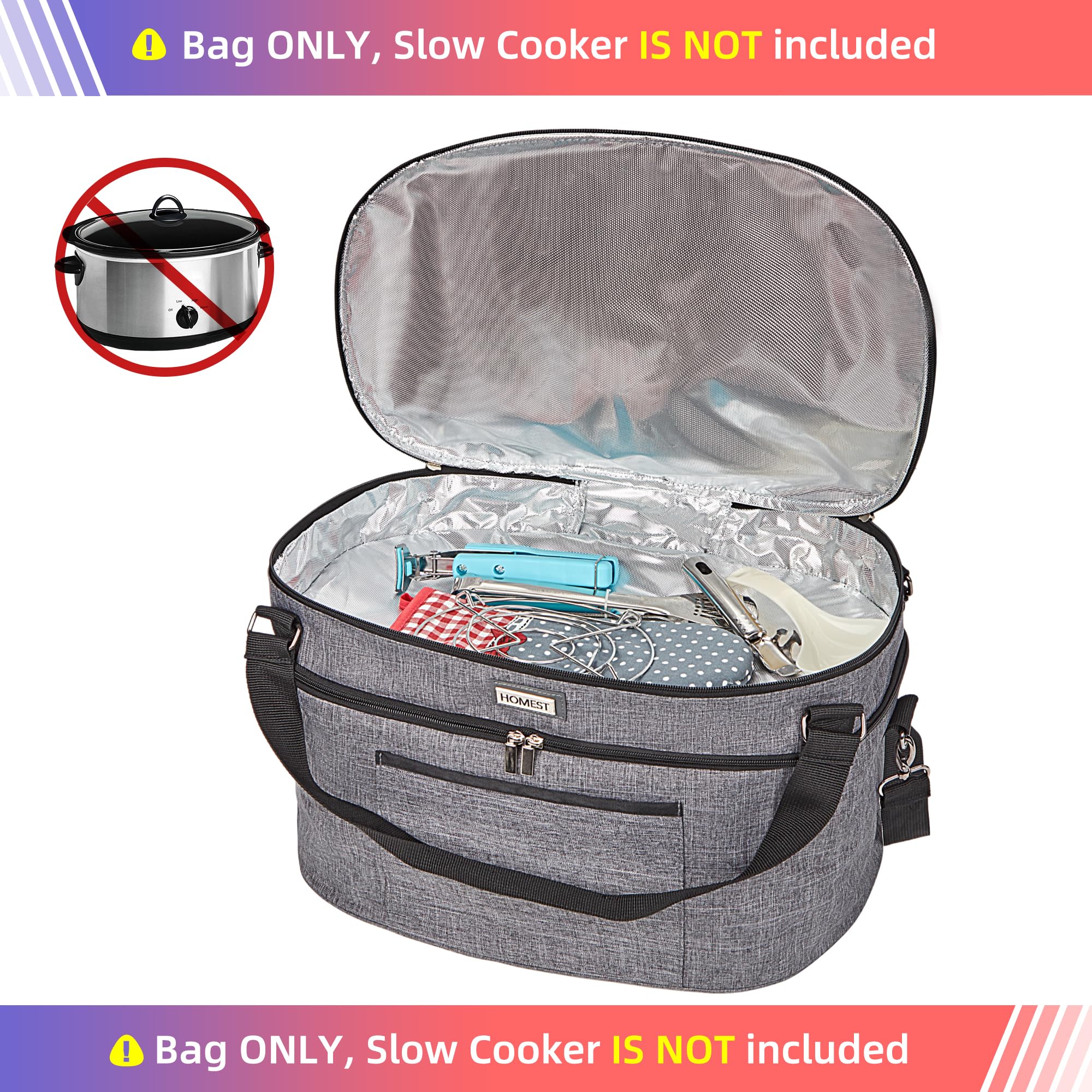 HOMEST Slow Cooker Bag for Crock-Pot 6-8 Quart, Insulated Travel Carrier with Easy to Clean Lining, Carry Case with Top Zip Compartment and Accessory Pocket (Bag Only)