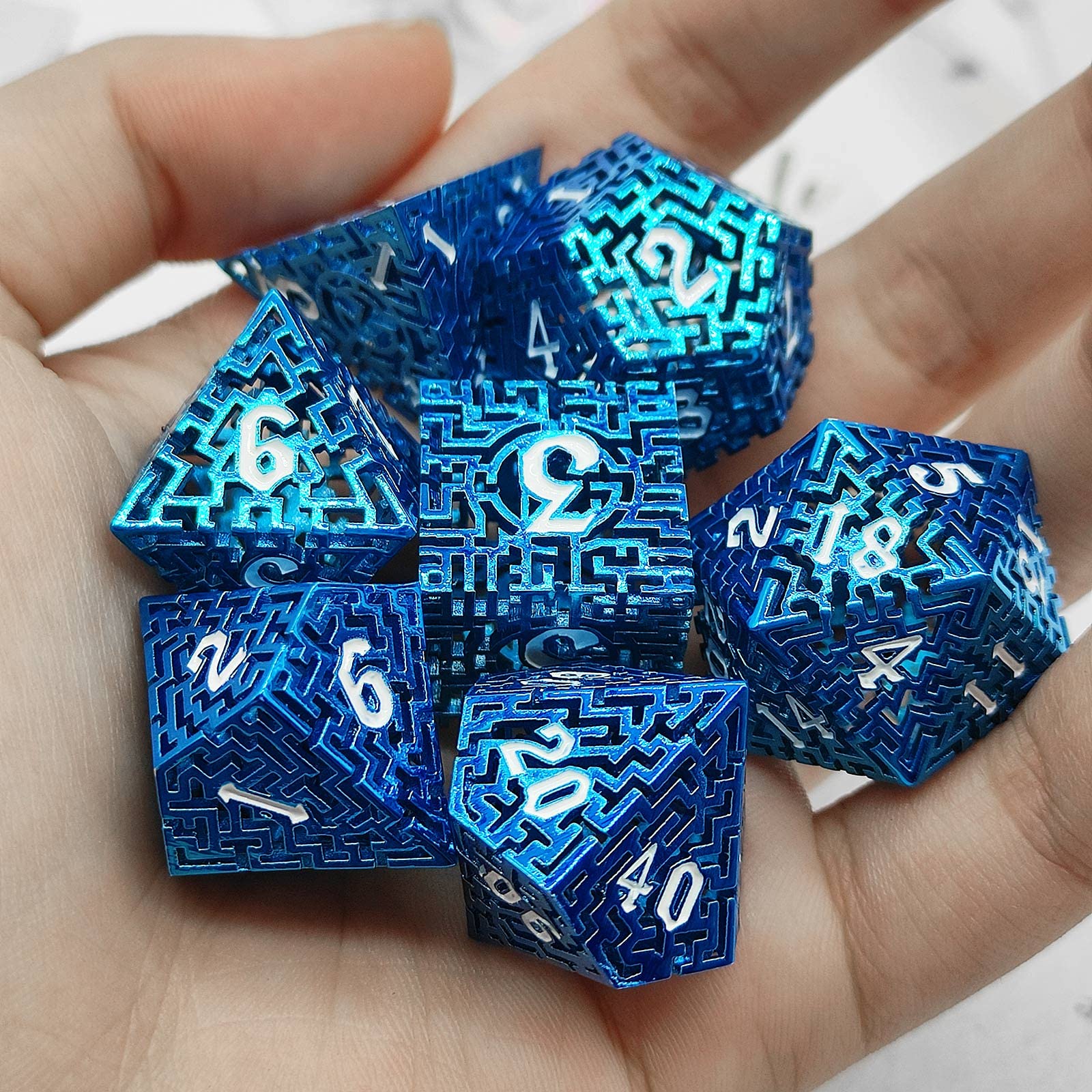 DND Polyhedral Hollow Metal Dice Set RPG Maze Design D&D Dungeons and Dragons D and D MTG Weighted Pathfinder Board Game D4 D6 D8 D10 D% D12 D20 (with Free Metal Storage Box) Dice-Blue