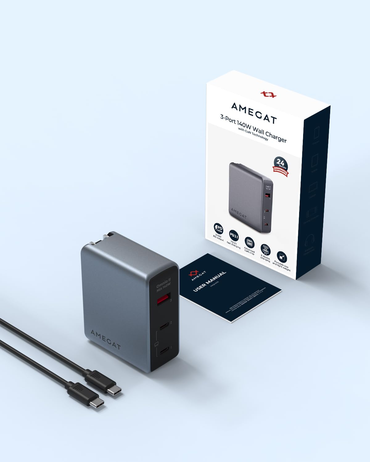 AMEGAT 140W USB C Charger, PD3.1 PPS 3-Port Fast GaN III Laptop Wall Charger, Foldable Plug Power Adapter for MacBook Pro 16'', Dell XPS, iPad Pro, iPhone 15 Pro, Galaxy, Chromebook(with 240W Cable)