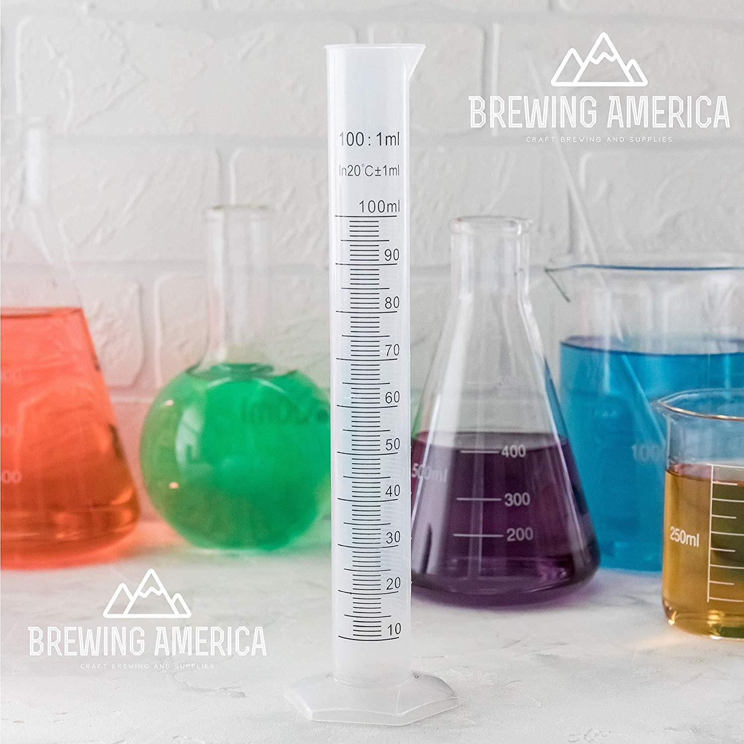 Brewing America 100ml Plastic Graduated Cylinder Beaker - 100ml Science Measuring Test Tube Flask, 2-Sided Marking - Black and Raised Graduation Lines, Pour Spout