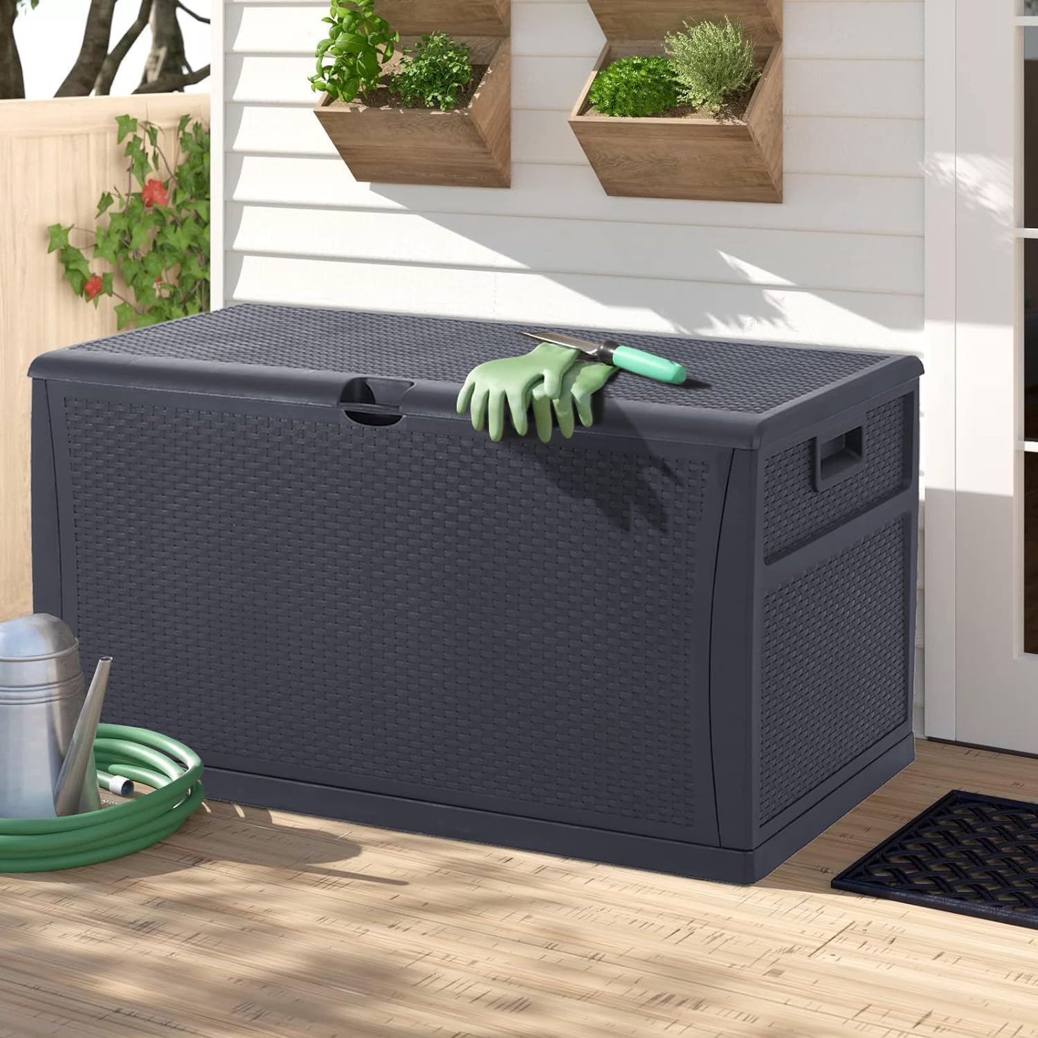 Brightpeak 120 Gallon Outdoor Storage Deck Box Gray Wicker Pattern Container Cabinet Storage for Patio Furniture Cushions, Pillows, Garden Tools, Black