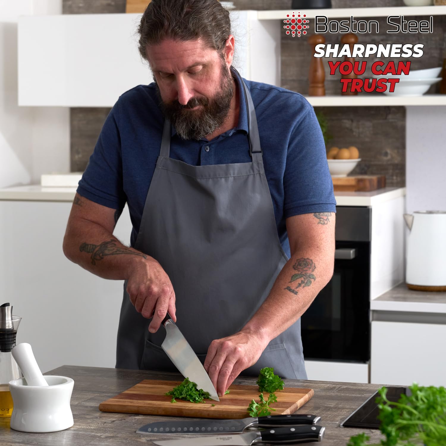 Boston Steel Chef Knife 8 Inch 5CrMoV Carbon Stainless Steel Sharp Full Tang Kitchen Knife with ABS Ergonomic Handle Design, Gifts for Men and Women, Kitchen Knives in Premium Gift Box