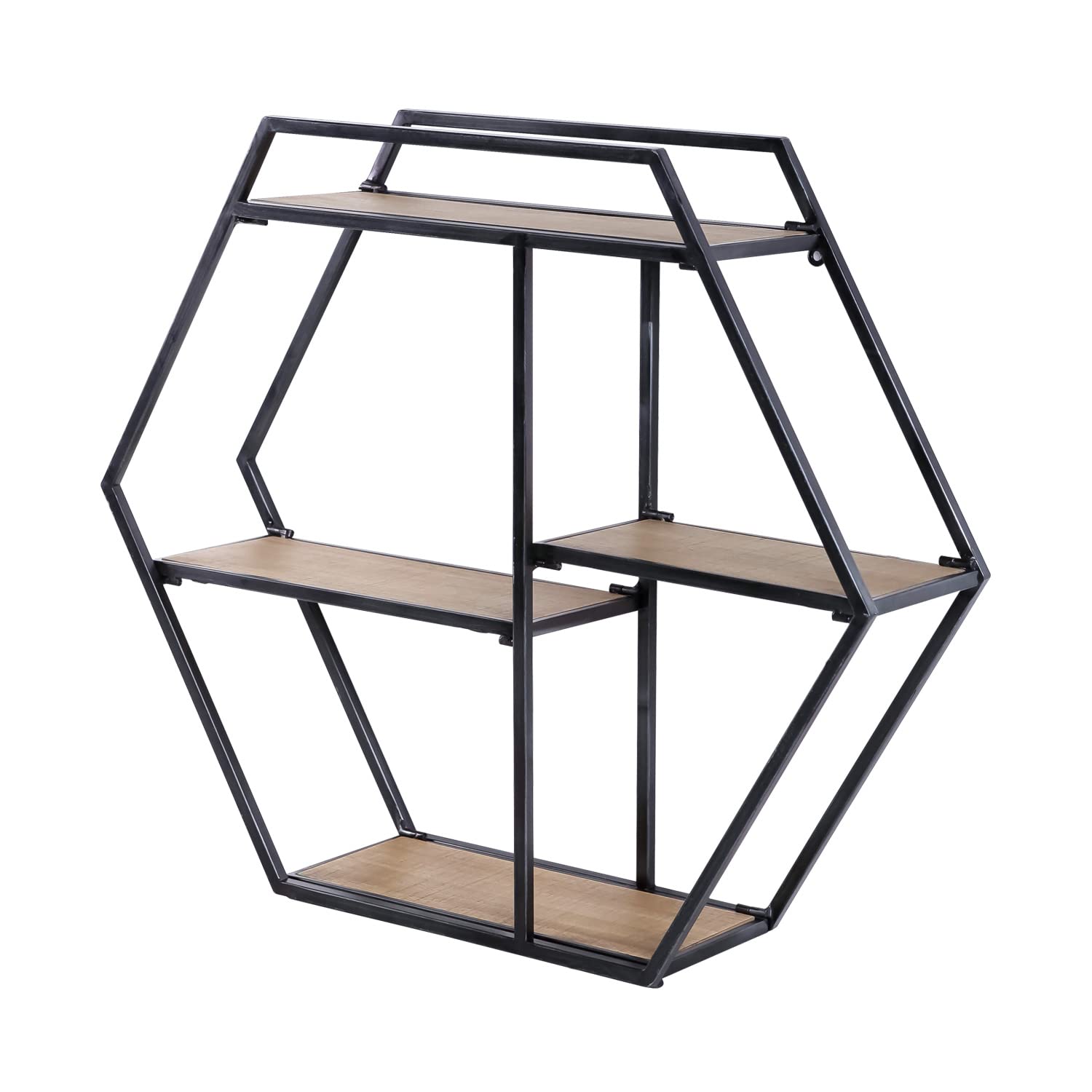 Industrial Style Hexagon-Shaped Wall Shelves, 3 Tier Decorative Floating Ledge Shelves, Wall Mounted Metal Bracket Wooden Display Hanging Shelf