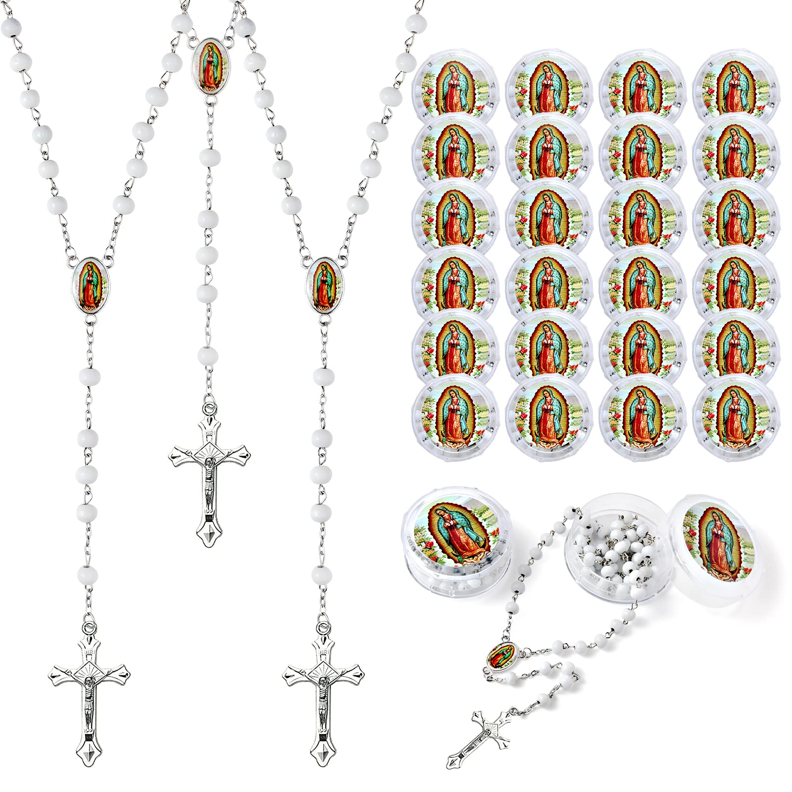 Brilucky 24 PCS White Rosary Beads Bulk For Baptism Favors,Lady Guadalupe Rosarios Catolicos First Communion Favors For Guests,Rosary Beads Necklace Gifts For Christian Baby Shower Quinceanera Party