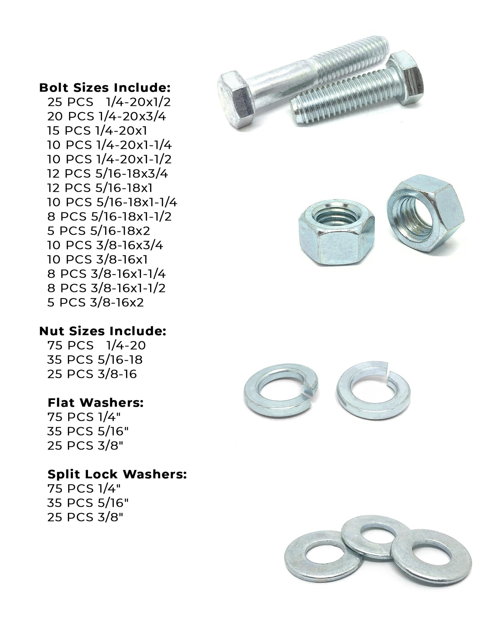 Grade 5 Hex Cap Bolts Screws, Nuts, Washers, Lock Washers Assortment Kit - 574 Pieces!