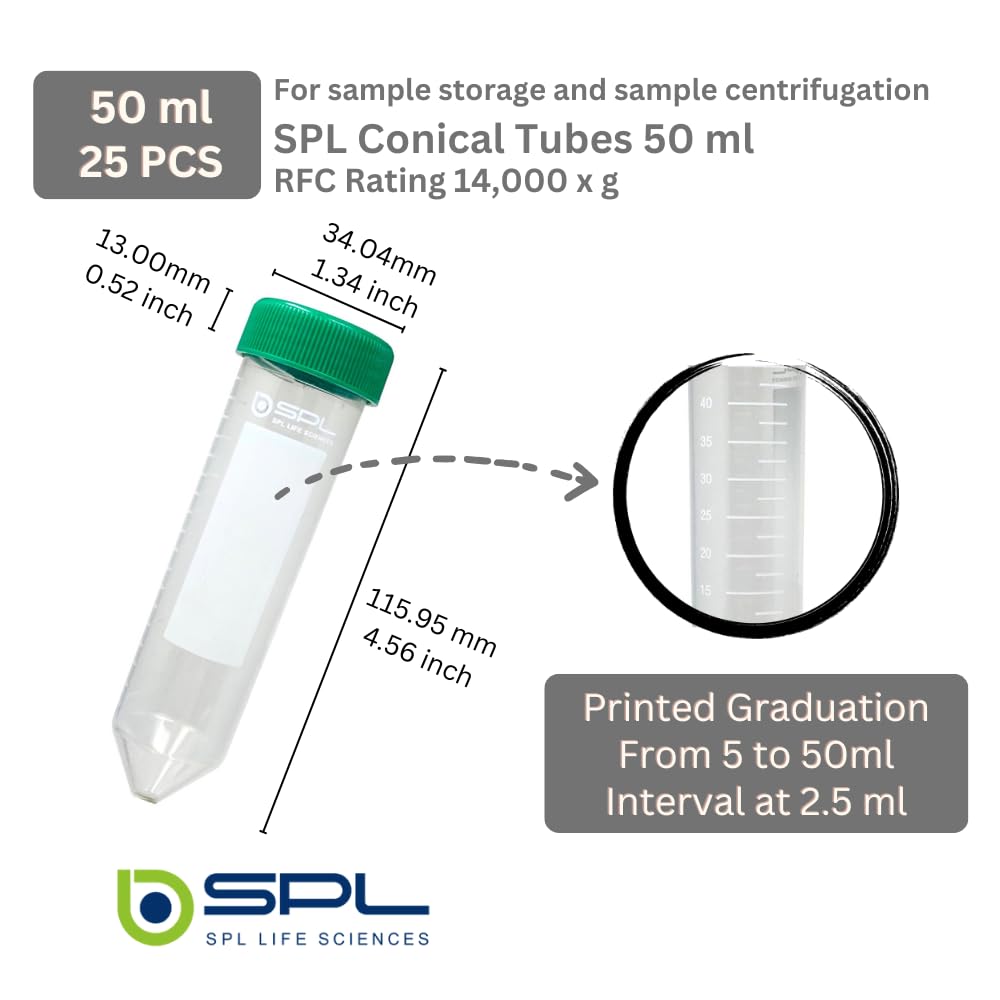 SPL 50ml Conical Centrifuge Tube Polypropylene Screw Cap, Sterile Non - pyrogenic, Non - cytotoxic, DNase/RNase - Free, Human DNA - Free Resealable Bags (25 Tubes)