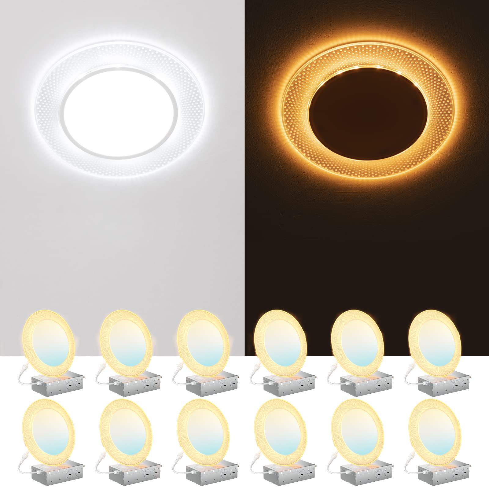 Amico 12 Pack 6 Inch 5CCT LED Recessed Ceiling Light with Night Light, 2700K/3000K/4000K/5000K/6500K Selectable Recessed Lighting, 12W=110W, 1000LM, Dimmable Canless Wafer Downlight - ETL & FCC