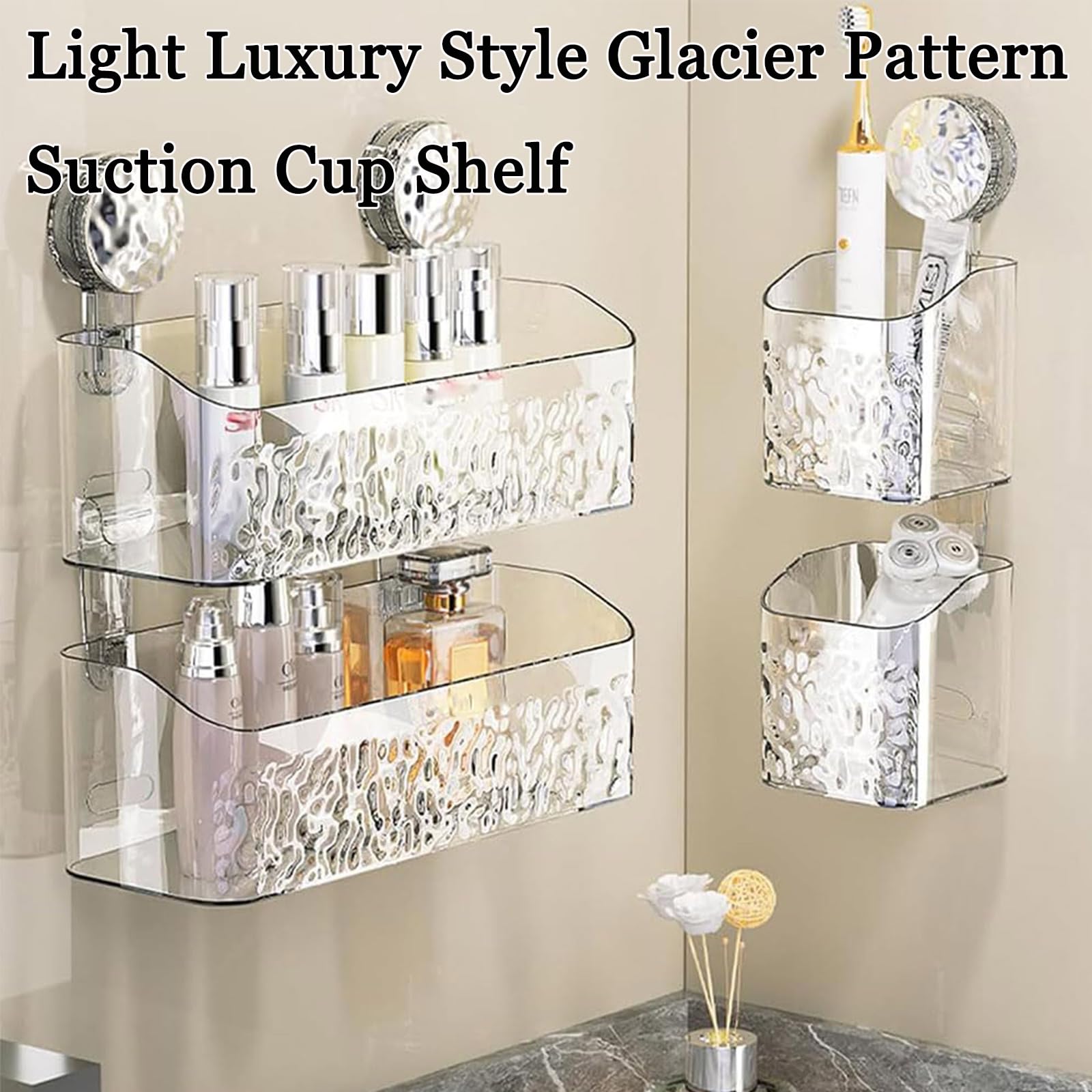 WOSLXM Nishomee Light Luxury Style Glacier Pattern Suction Cup Shelf, Suction Cup Shower Shelves, Suction Cup Shower Caddy, No-Drilling Removable Shower Dispenser Soap Organizer (White-S)