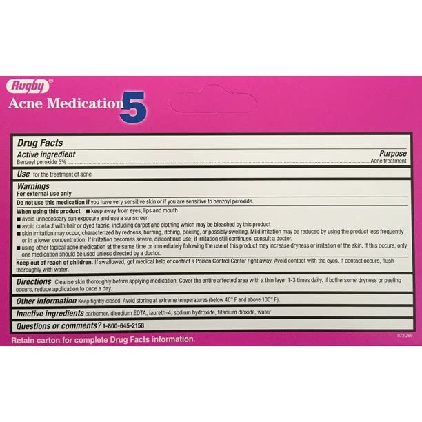 RUGBY BENZOYL PEROX GEL/ACNE MED 5% BENZOYL PEROXIDE-5% White 42.5GM UPC 305361055561