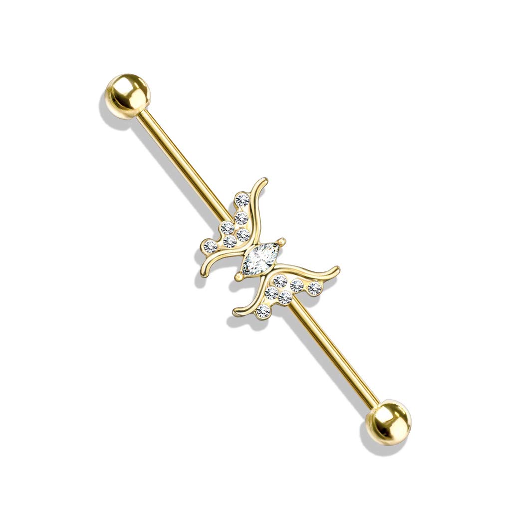 Amelia Fashion 14 Gauge Marquise Crystal Center Crystal Paved Butterfly 316L Surgical Steel Industrial Barbell (Choose Color) (Gold/Clear)