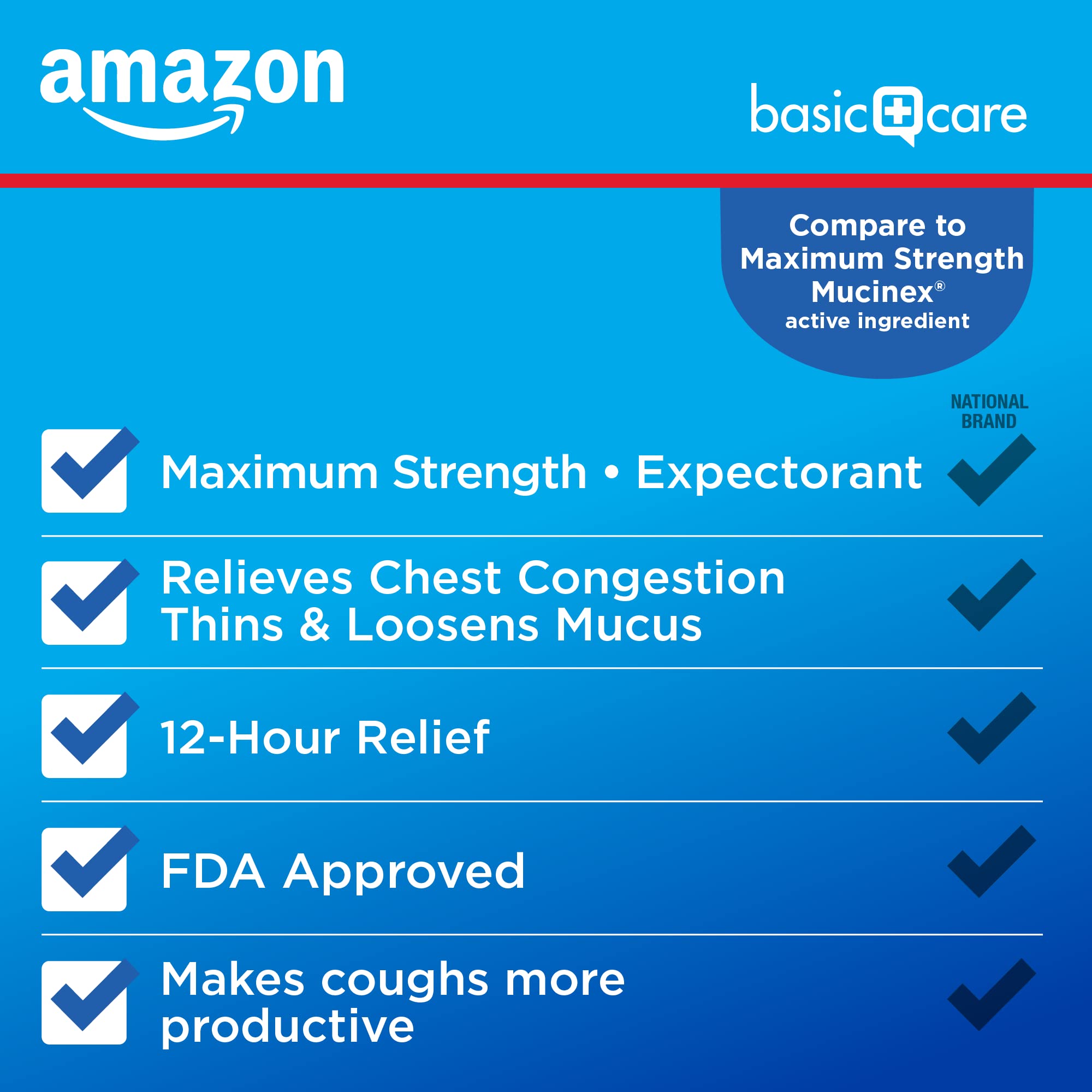 Amazon Basic Care Maximum Strength Chest Congestion and Mucus Relief, Guaifenesin Extended-Release Tablets, 1200 mg, 42 Count