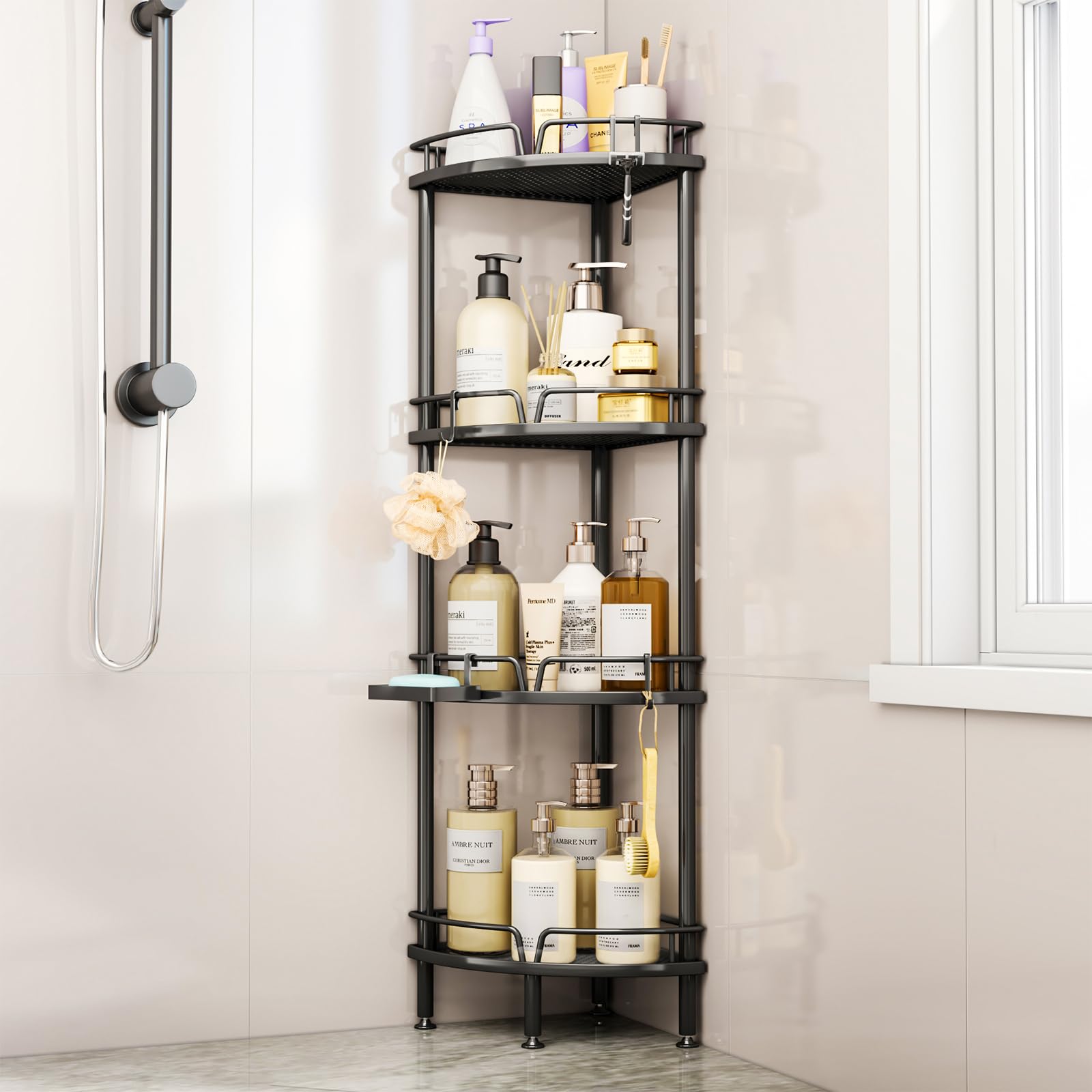 Consumest Corner Shower Caddy Stand - 4 Tier Shower Organizer with Soap Holder, Standing Tall Floor Shower Stand with Adjustable Feet & 4 Hooks