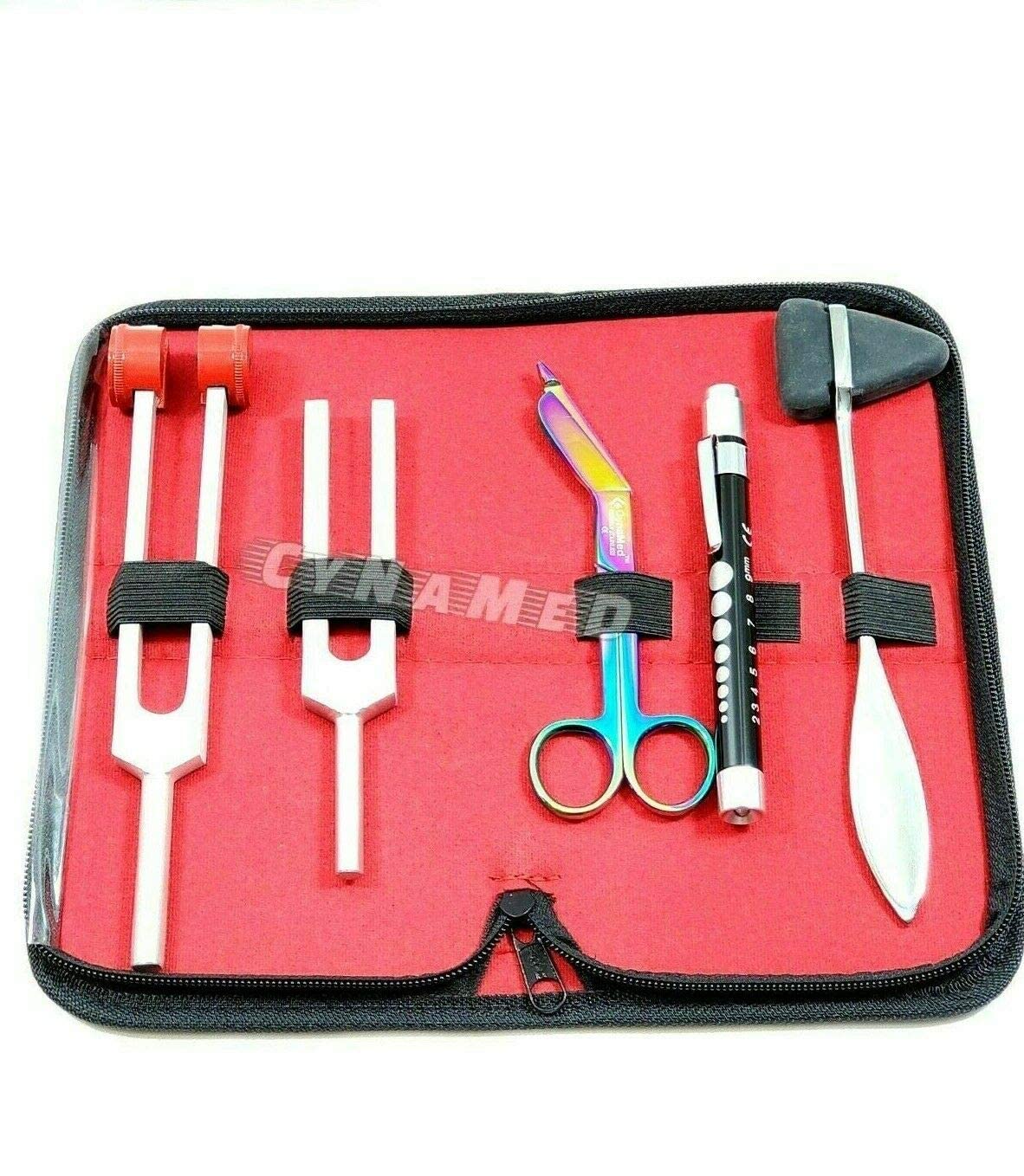 Premium Student Diagnostic Kit- Reflex Hammer & Tuning Fork Set C 128 And C 512 + Wartenberg Pinwheel Premium Steel Bandage Scissor 7.5” (Set Of 5 Rainbow Scissors Reusable Penlight)