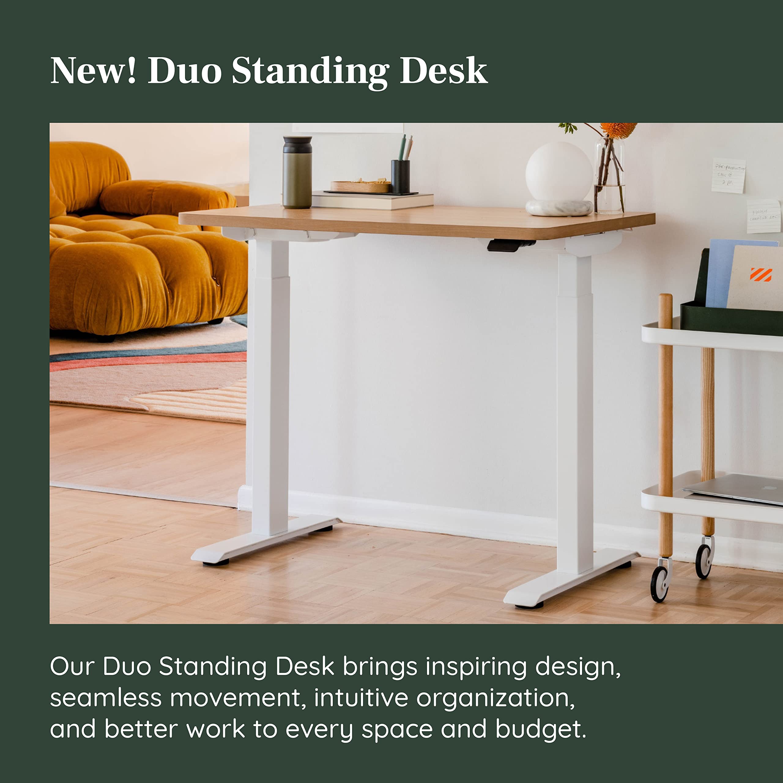 Branch Duo Standing Desk 36 Inches - Adjustable Standing Desk with 20β Range - OLED Control Panel - Frameless Design & Compact Size Suitable for Many Spaces - White Base - Woodgrain Top