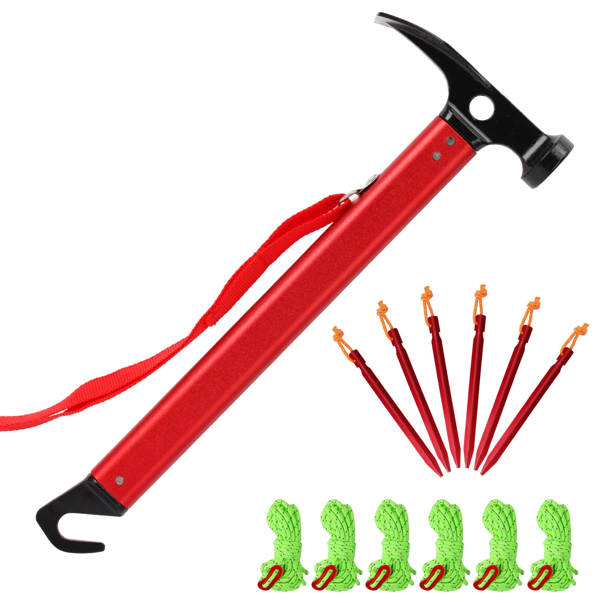 aiGear Camping hammer with Hook Lightweight Aluminum Multifunctional Tent Stake Handy Hammer with Wind Ropes for Hiking Backpacking Gardening Color Red(CH11)