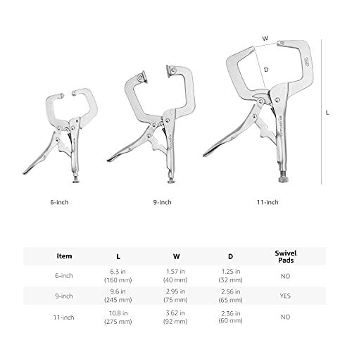 Amazon Basics 3-Piece C-Clamp Locking Pliers Set - Includes 6-inch, 9-inch and 11-inch
