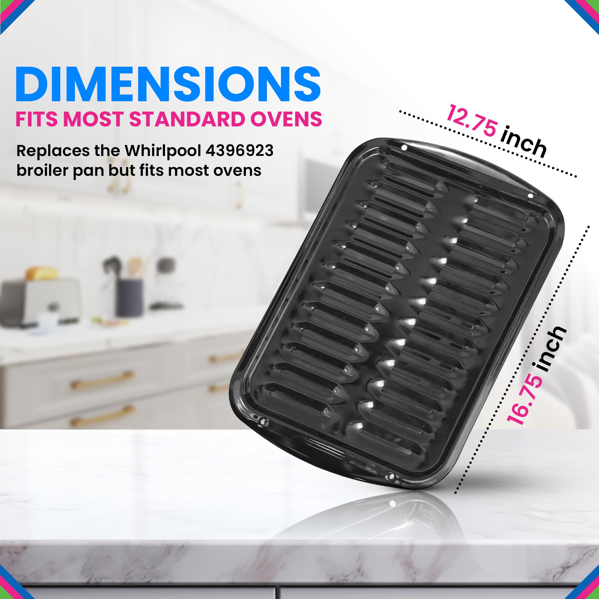 Broiler Pan for Oven Nonstick Porcelain Coated - 16.75β x 12.75β Whirlpool 4396923 Replacement Broiling Pan for Oven With Rack for High-Temperatures - Oven Broiler Pan Heats Evenly and Drains Fat