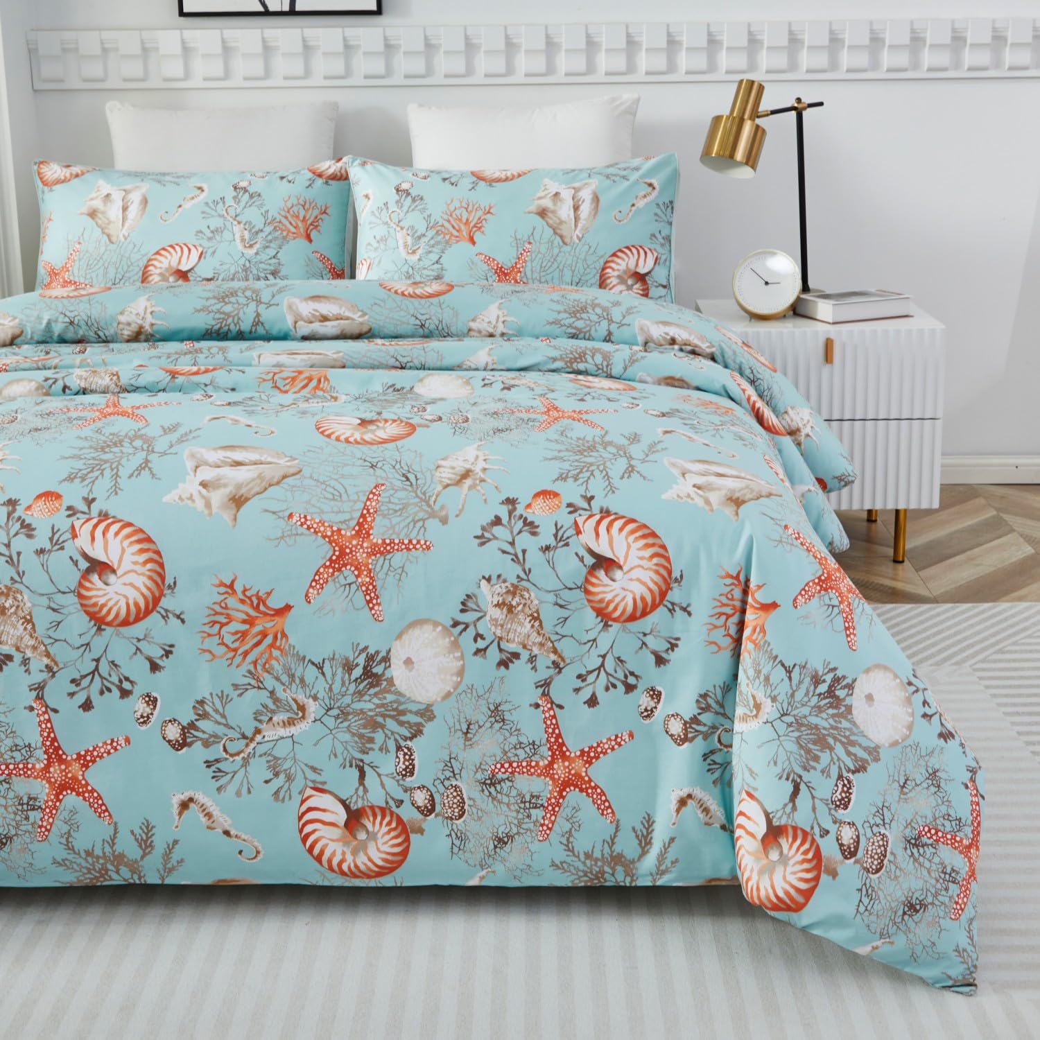 Brandream Luxury Nautical Bedding Set Queen Size Coastal Beach 100% Egyptian Cotton Duvet Cover Set 3-Piece Smooth Crisp Silky (Comforter Not Included)