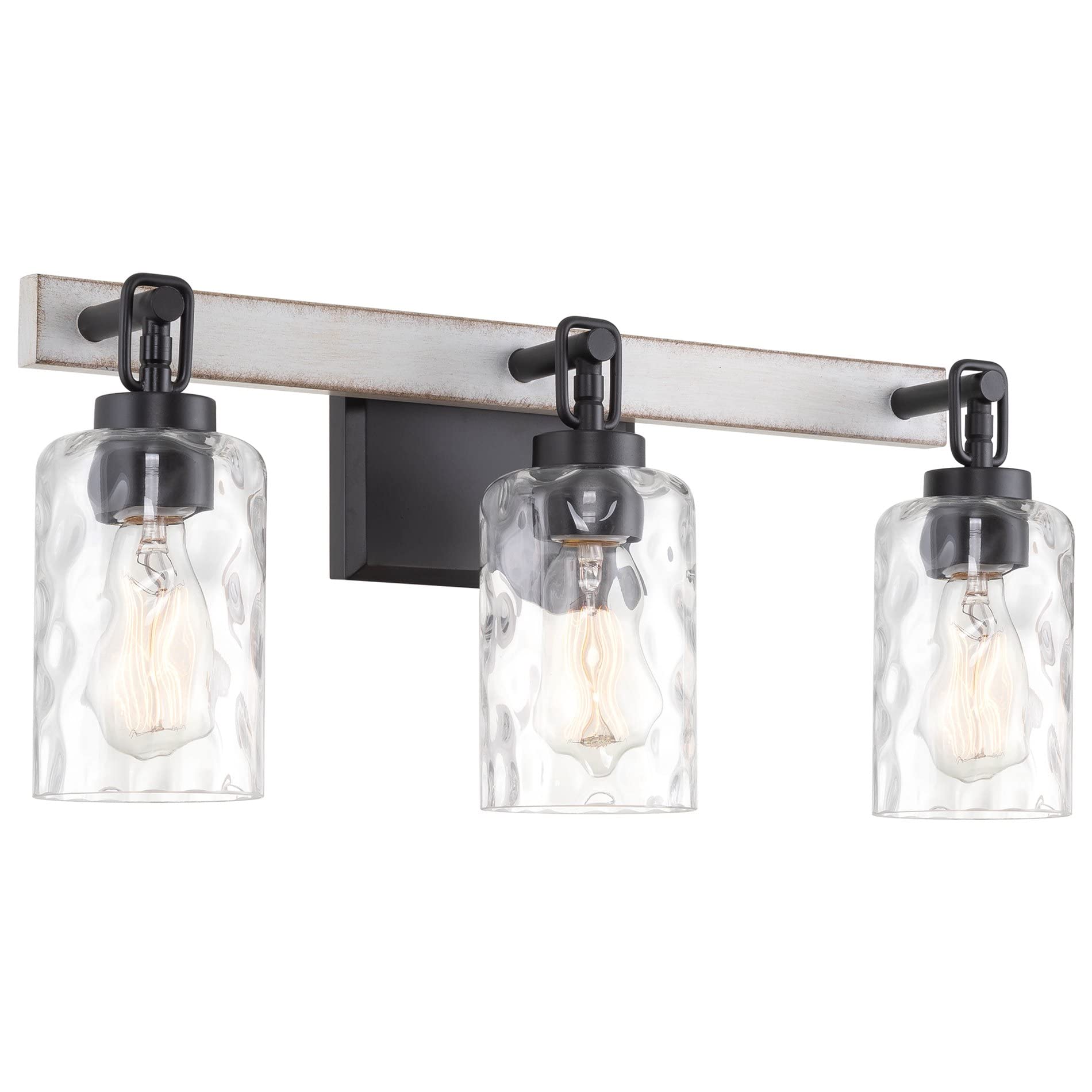 Kira Home Ashland 24" 3-Light Farmhouse Bathroom/Vanity Light + Hammered Glass Shades, White Ash Wood Style + Black Finish