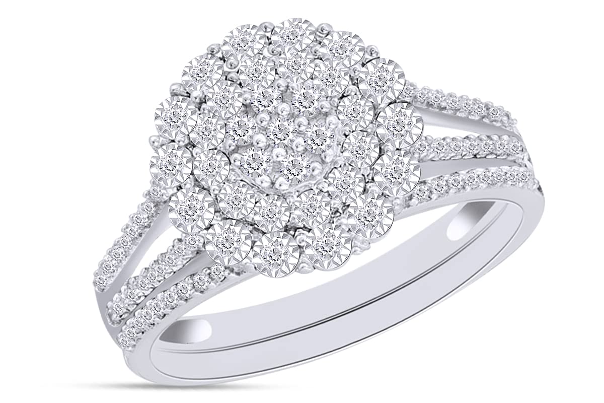 AFFY 1/4 Carat Round Cut Natural Diamond Flower Bridal Set Engagement Ring In 14K White Gold Over Sterling Silver (0.25 Cttw, I2-I3 Clarity), Ring Size-9