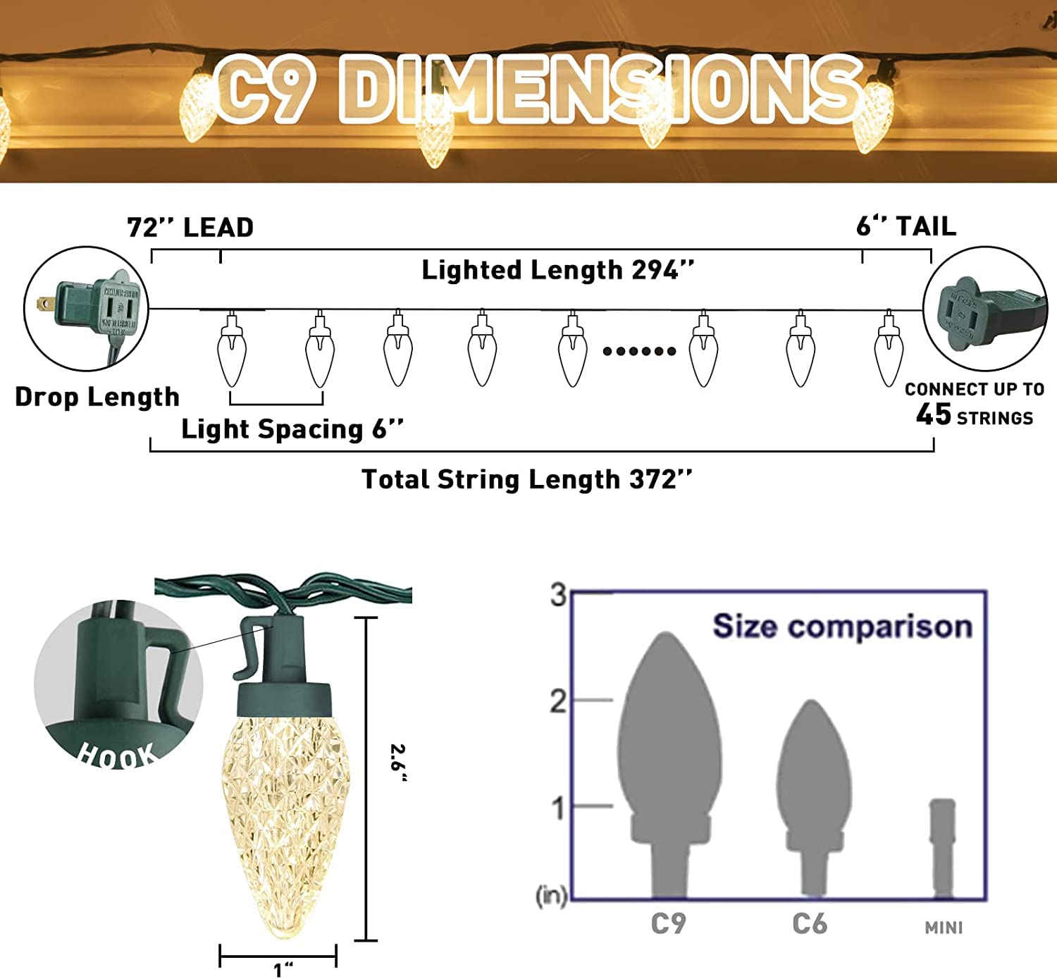 C9 Outdoor Christmas Lights 2 Pack 31ft 50 LED,String Lights Connectable Commercial Grade Outdoor Indoor Xmas Decorative Light Strand for Christmas Trees Garden Patio Parties Decor Warm White