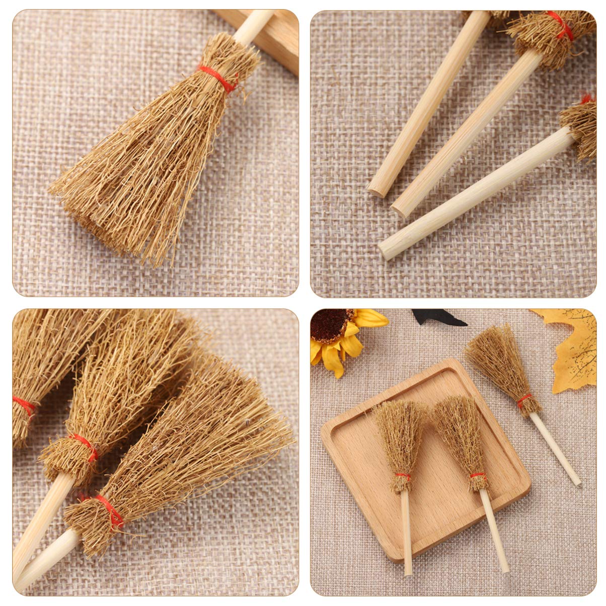 SEWACC 12pcs Mini Broom Decoration Miniature Artificial Straw Brooms Hanging Ornament Halloween Straw Craft Decor Witches Broom for Cosplay Party