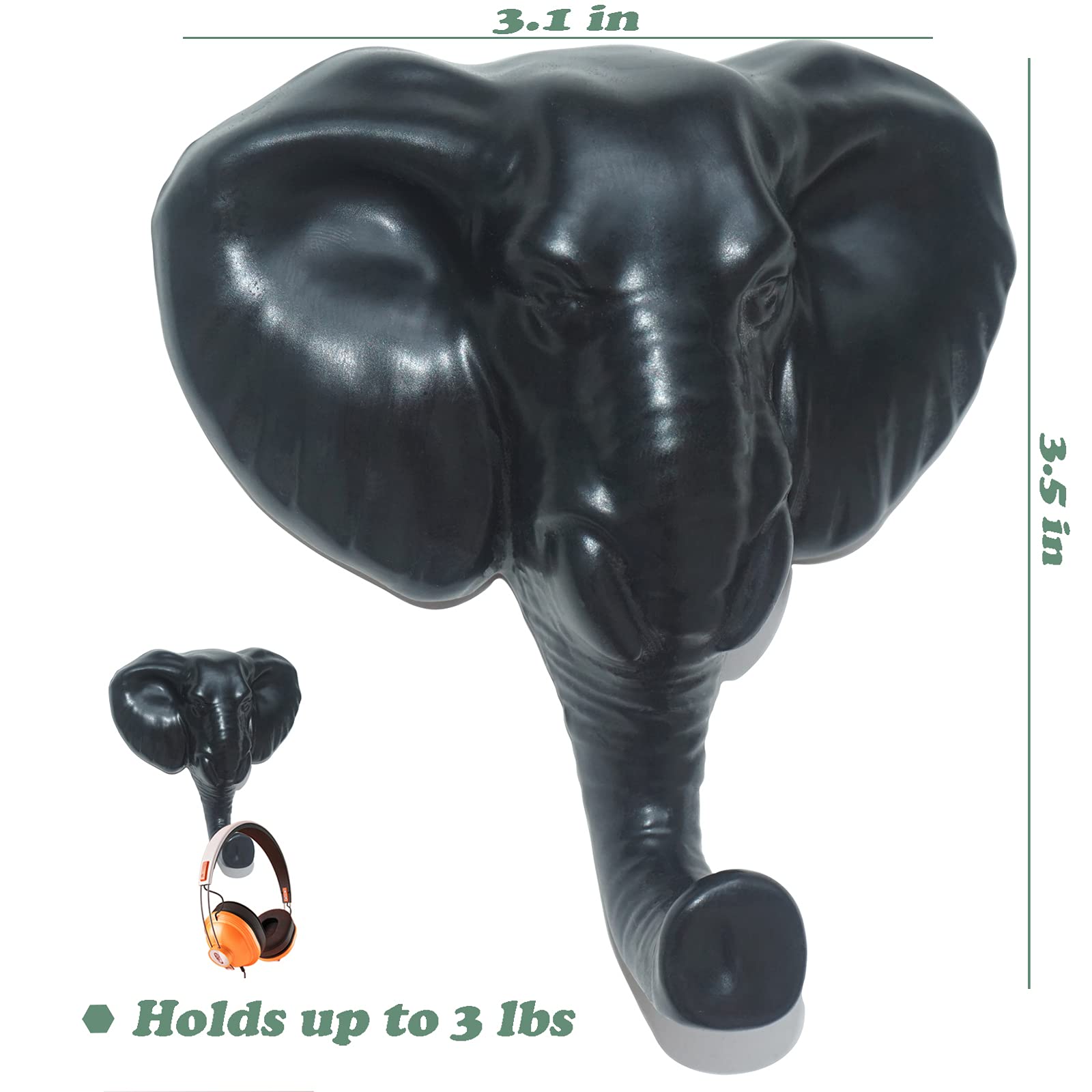 CAAHANJIA Ceramic Elephant Hooks,Adhesive Hooks,Wall Cabinet Door Towel Robe Clothes Hooks Self Adhesive Holders for Hanging Kitchen Bathroom Home Hooks 3 Pack (Black)