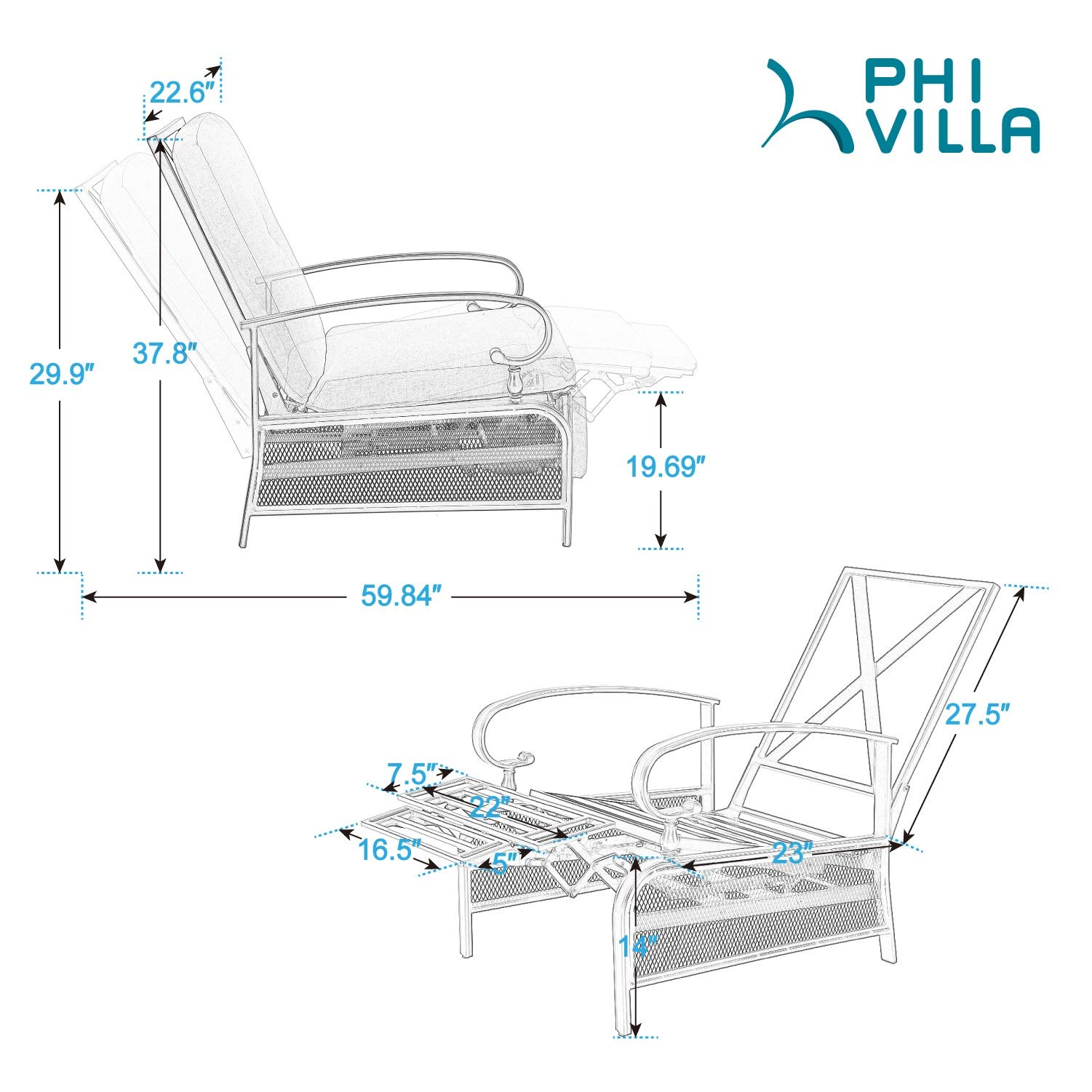 PHI VILLA Adjustable Patio Recliner Chair Metal Outdoor Lounge Chair with Removable Cushions Support 300lbs, Navy