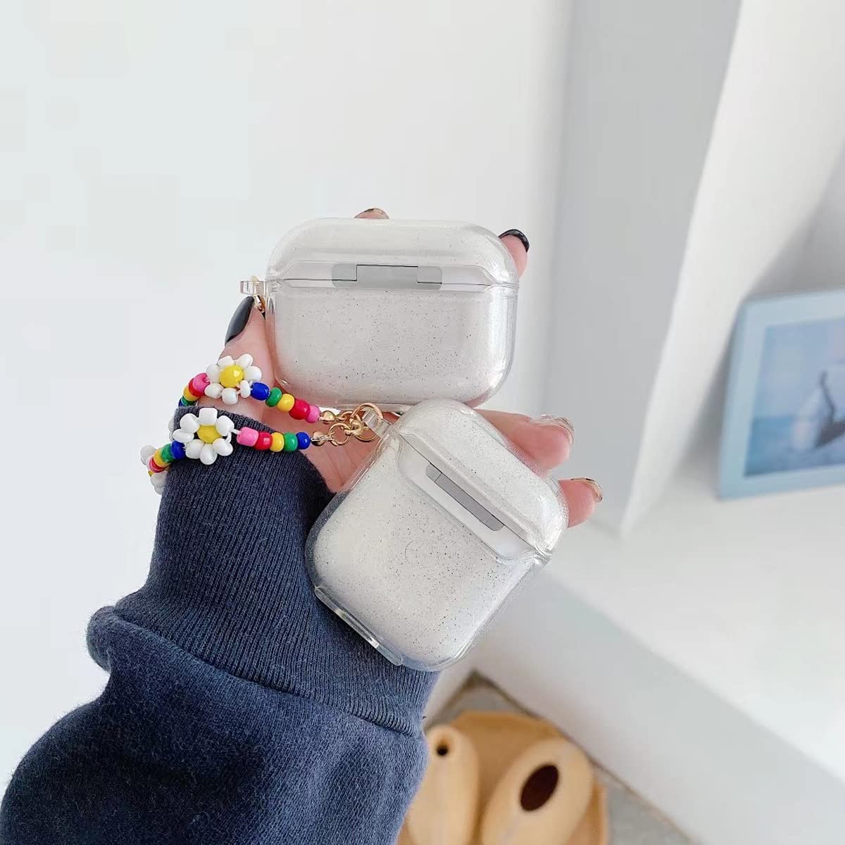 Cute AirPod Case Smile Sun Flower Bracelet Design Soft Clear Glitter Protective Cover for AirPods 1st & 2nd Generation Case