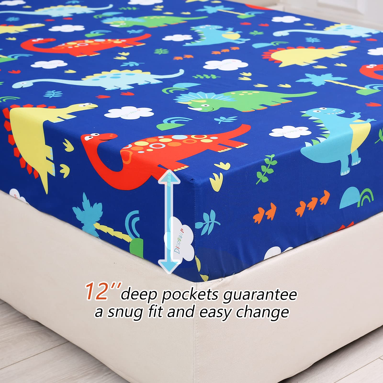 Cloele Dinosaur Twin Sheets Set for Boys - 3 Piece Blue Kids Bedding Sheet Set Includes Flat Sheet Fitted Sheet Pillowcase for Twin Beds - 100% Polyester Children Bed Sheet Set for Boys Deep Pocket
