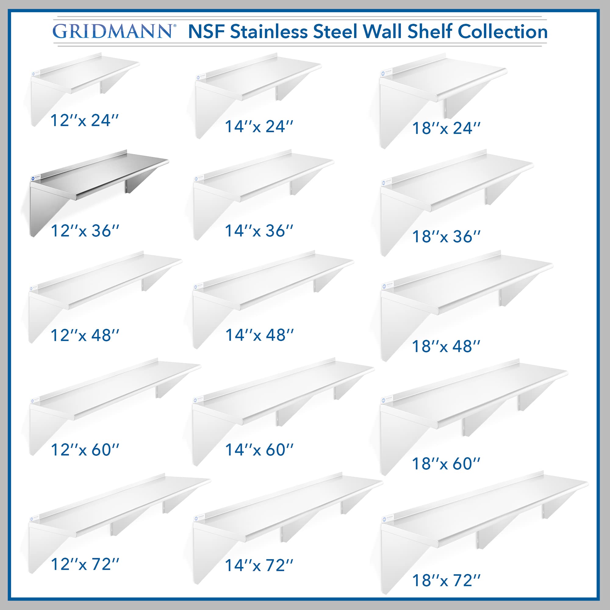 GRIDMANN 12" x 36" Stainless Steel Wall Mount Shelf with Backsplash, Commercial Grade - NSF Certified 18 Gauge Shelving for Restaurant, Kitchen, Utility Room, Garage