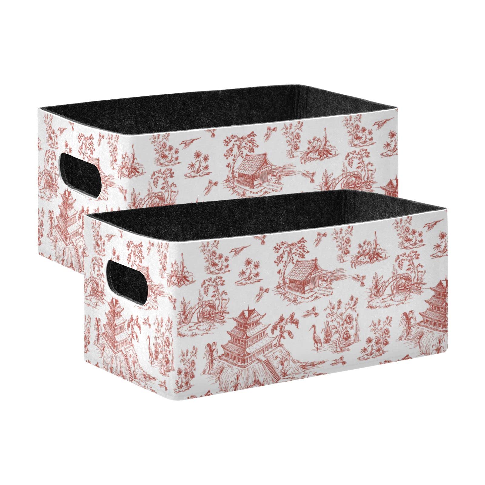 Emelivor Chinoiserie Style Fabric Storage Basket Bins Set (2pcs) Felt Collapsible Storage Bins with Fabric Rectangle Baskets for Organizing for Organizer, Closet, Shelves, Office