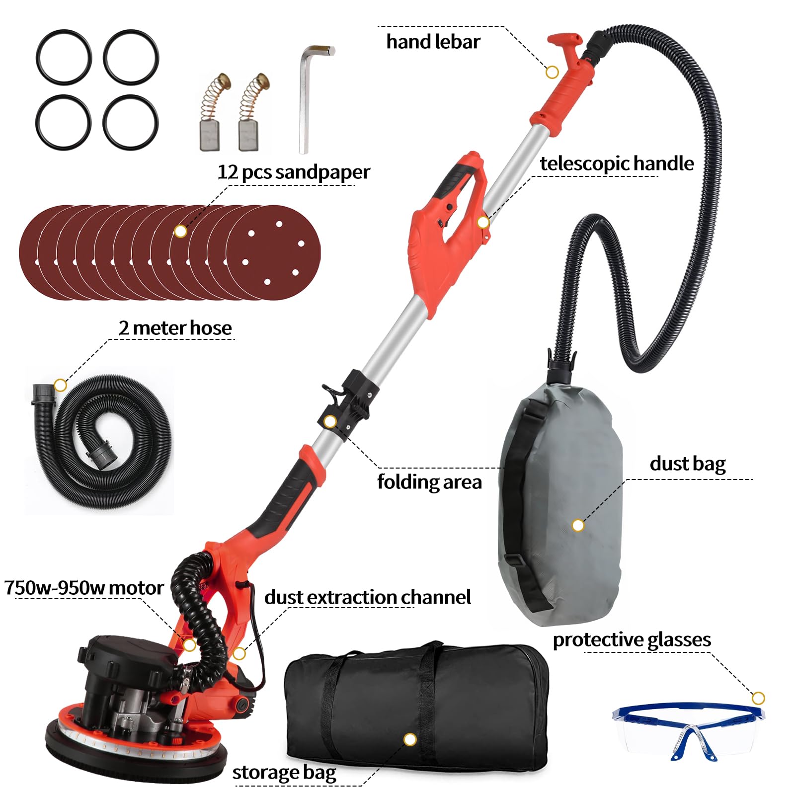Drywall Sander with Vacuum, 950W High Power Foldable Popcorn Ceiling Removal Tool, 7-Speed Variable, 900-2600RPM, with LED Light and 12 Grinding Wheels, Retractable Handle, for Sanding Walls, Floors