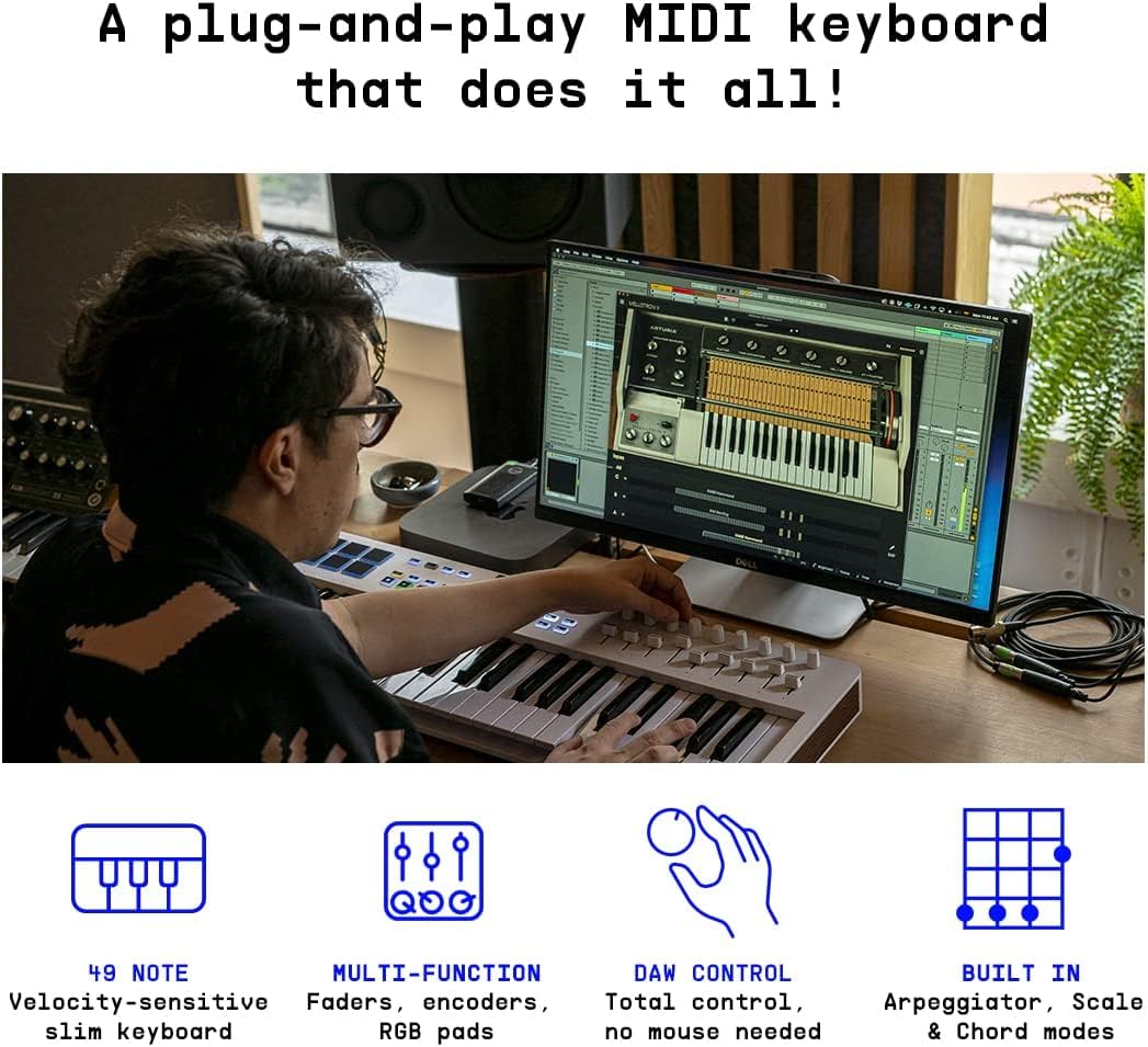 Arturia KeyLab 61 Essential mk3 MIDI Controller BUNDLE with MIDI Keyboard, Keyboard Sustain Pedal, USB Cable & Polishing Cloth - 61 Key Keyboard, Software Integration, Flexible Connectivity