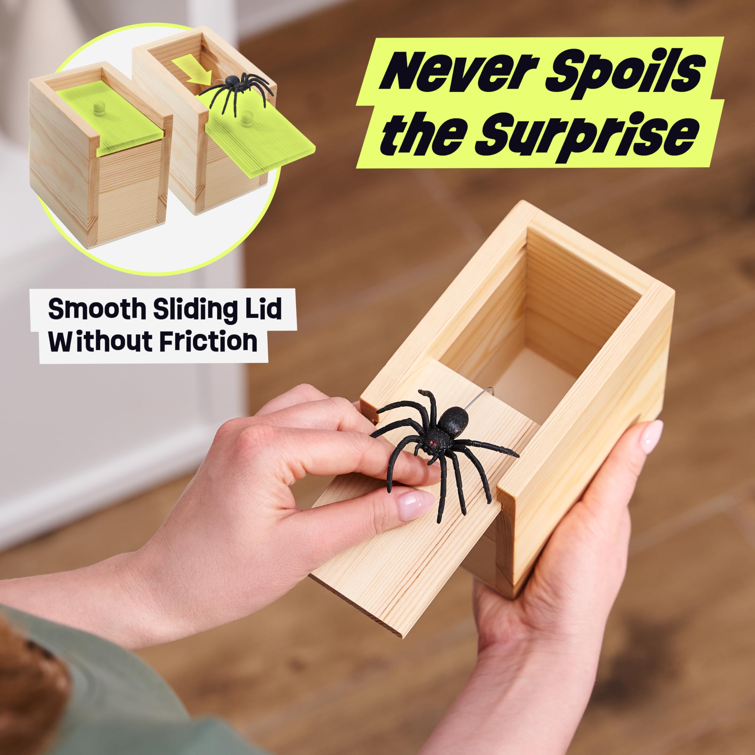 FunFamz The Original Spider Prank Box- Funny Wooden Box Toy Spider Prank, Hilarious Christmas, April Fool, or Birthday Surprise Toy and Gag Gift Practical Joke Bromas Kit