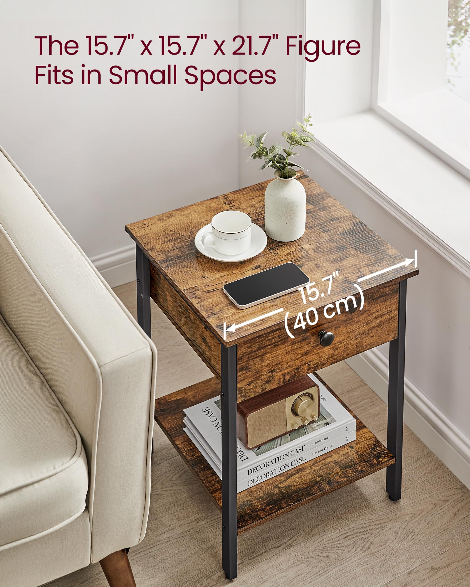 VASAGLE Nightstands Set of 2, Bedside Tables with Drawer, Side Tables, End Tables, for Bedroom, Office, Industrial, Stone Gray and Black ULET506B04