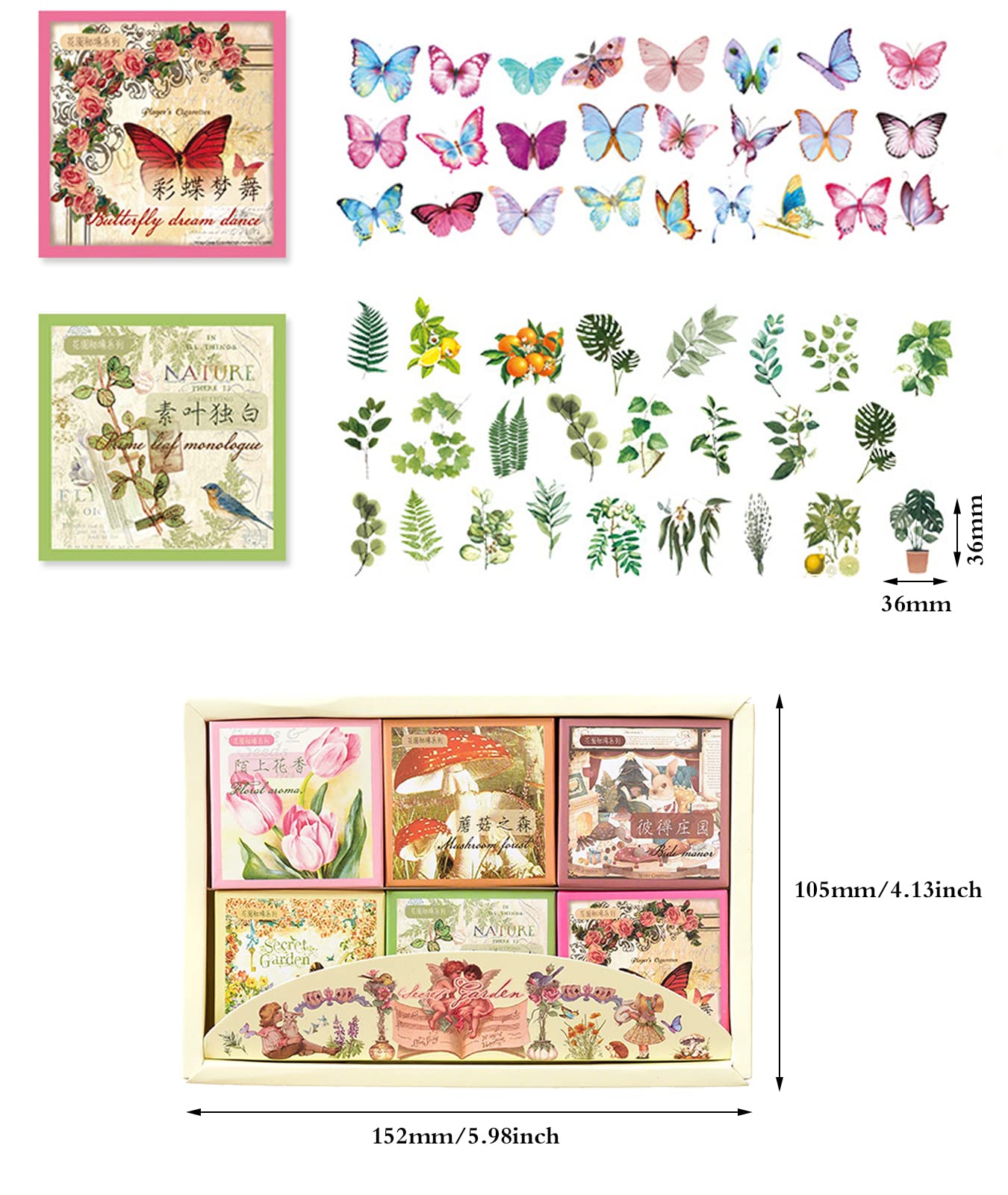Cute Scrapbook Stickers Pack(300 Pieces)Butterfly Mushroom Flower Angel Peter Rabbit Small Size Decal Seals Set for Planner,Bullet Journaling,Junk Journal,Retro Crafts,Decoupage Stationary Supplies(Secret Garden)