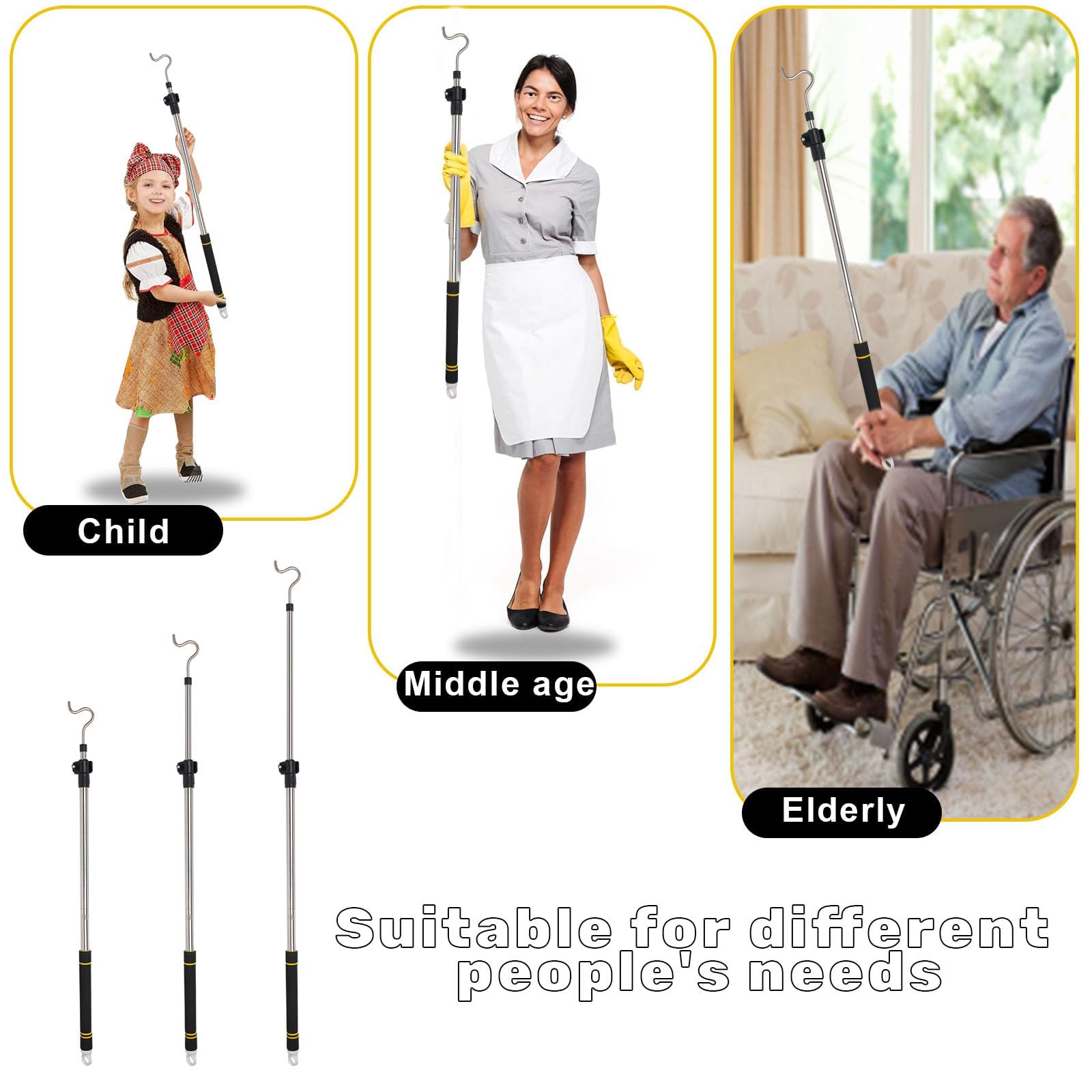 Clothes Hanger Reaching Hook, Attic Pull Down Hook Extendable 36-66inch Sponge Handle Hard to Break Apply to Closet Poles for Hanging Clothes Closet Extender Hanging Rod Clothesline Pole.