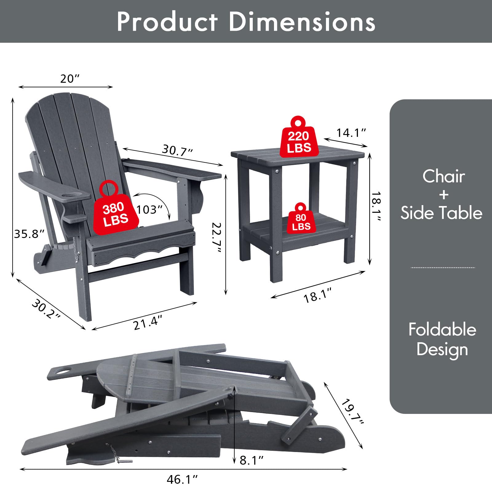 CLOUDEEP Folding Adirondack Chairs, Oversized Adirondack Chairs with Side Table and Cup Holder, Modern Composite Plastic Outdoor Furniture Chairs for Patio, Fire Pit, Porch, Backyard, Deck