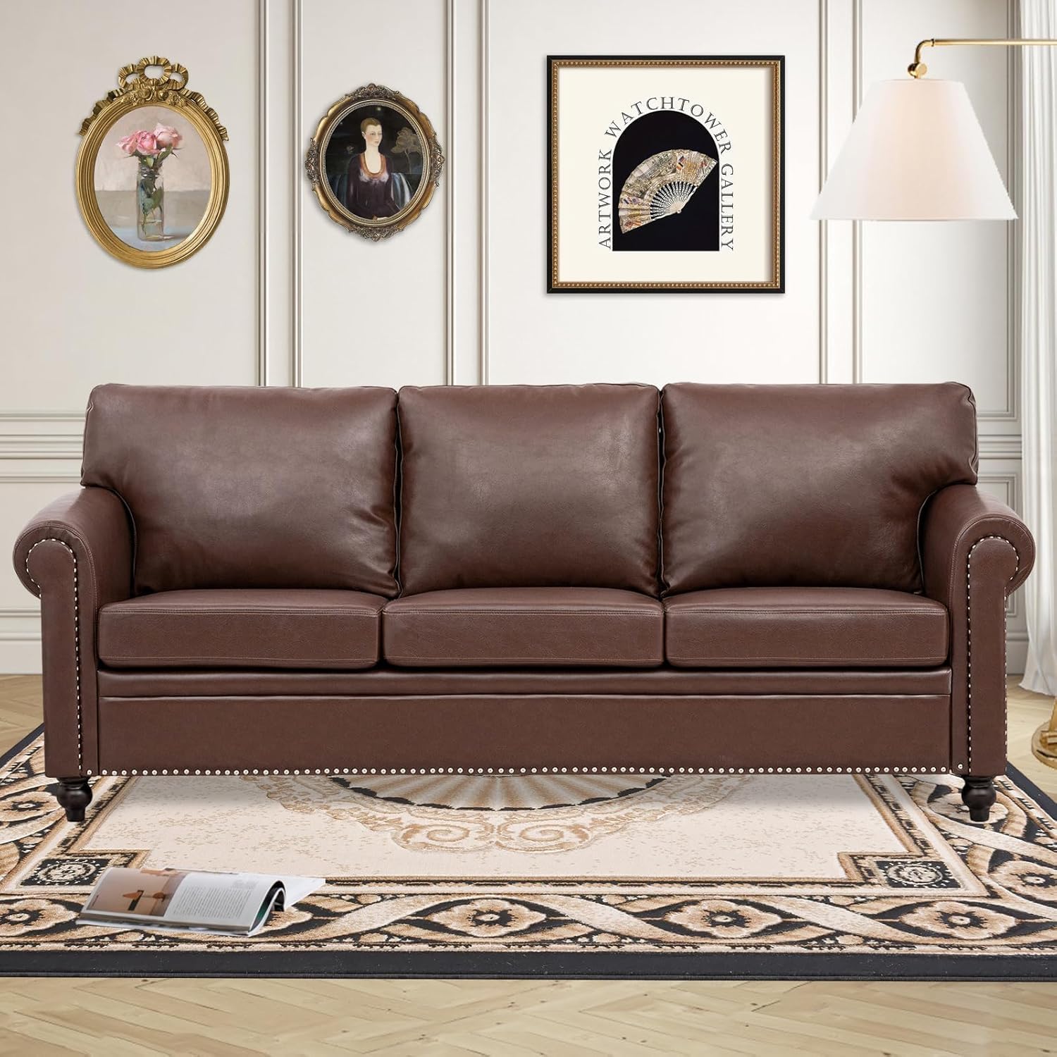 Brown Leather Couch, Comfy Classic 3 Seater Living Room SofaïŒMid-Century Modern Sofa with Detachable Cushions 84" for Living Rooms, Bedrooms, Offices,Apartments Tool-Free Assembly(Brown PU + Sofa)