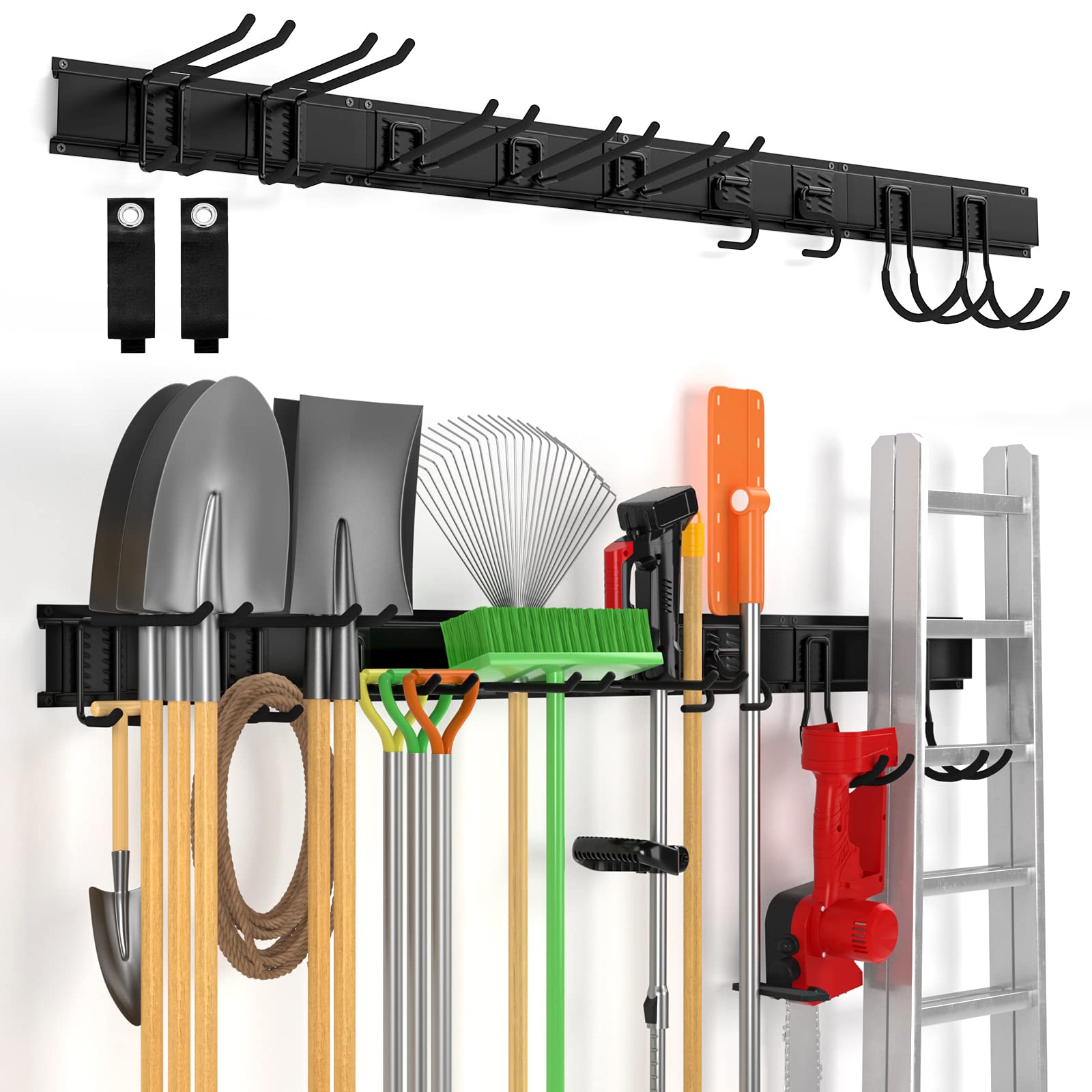Ailadl Wall Mount Tool Storage Rack, 15 PCS Heavy Duty Steel Yard Garden Tool Organizer, Garage Tool Organizer Wall Mounted Storage System Hold Up to 550lbs, with 2 Extension Cord