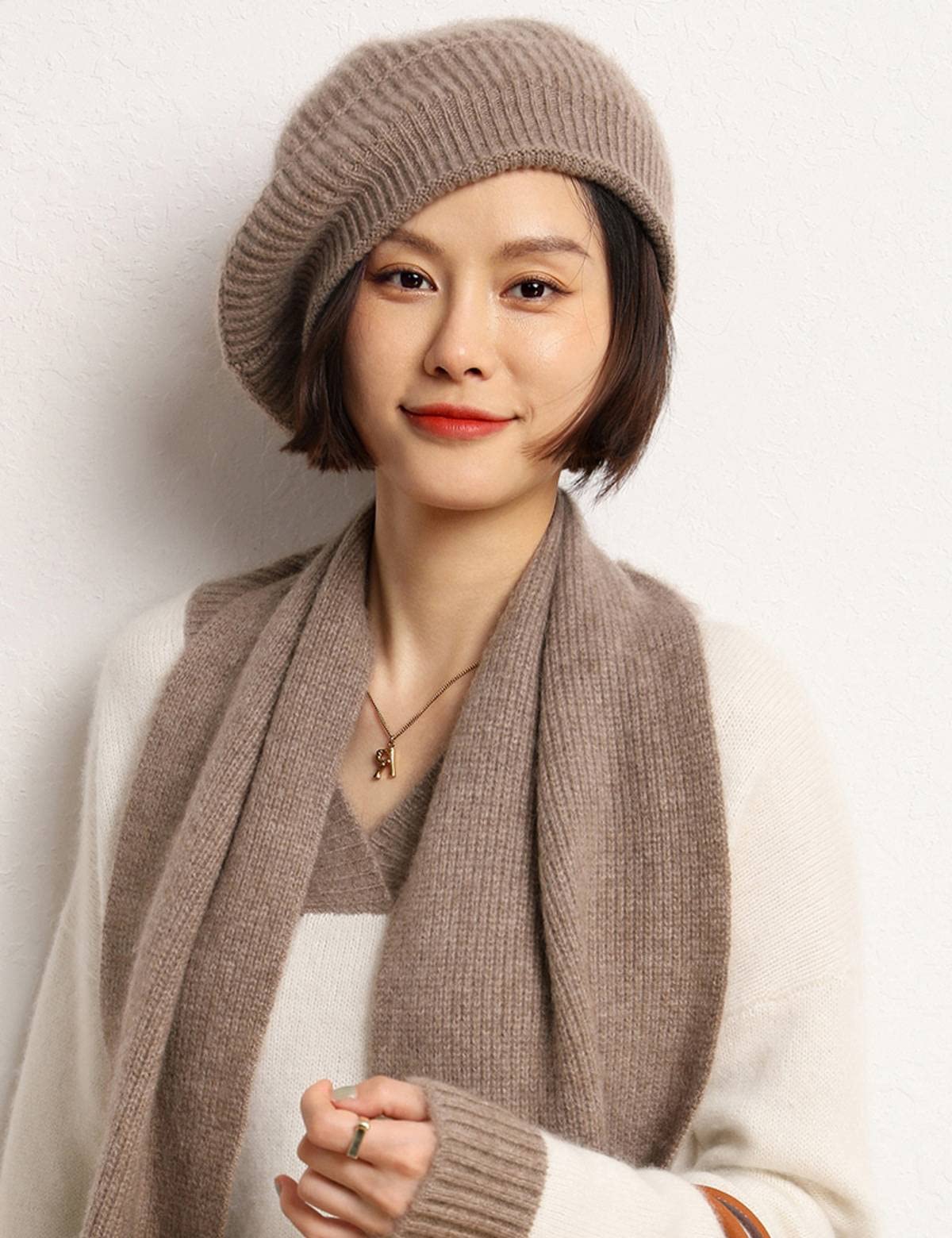 Ailaile Cashmere Berets Hats Women Winter Warm Merino Wool Knitted Oversized Beige Beanie