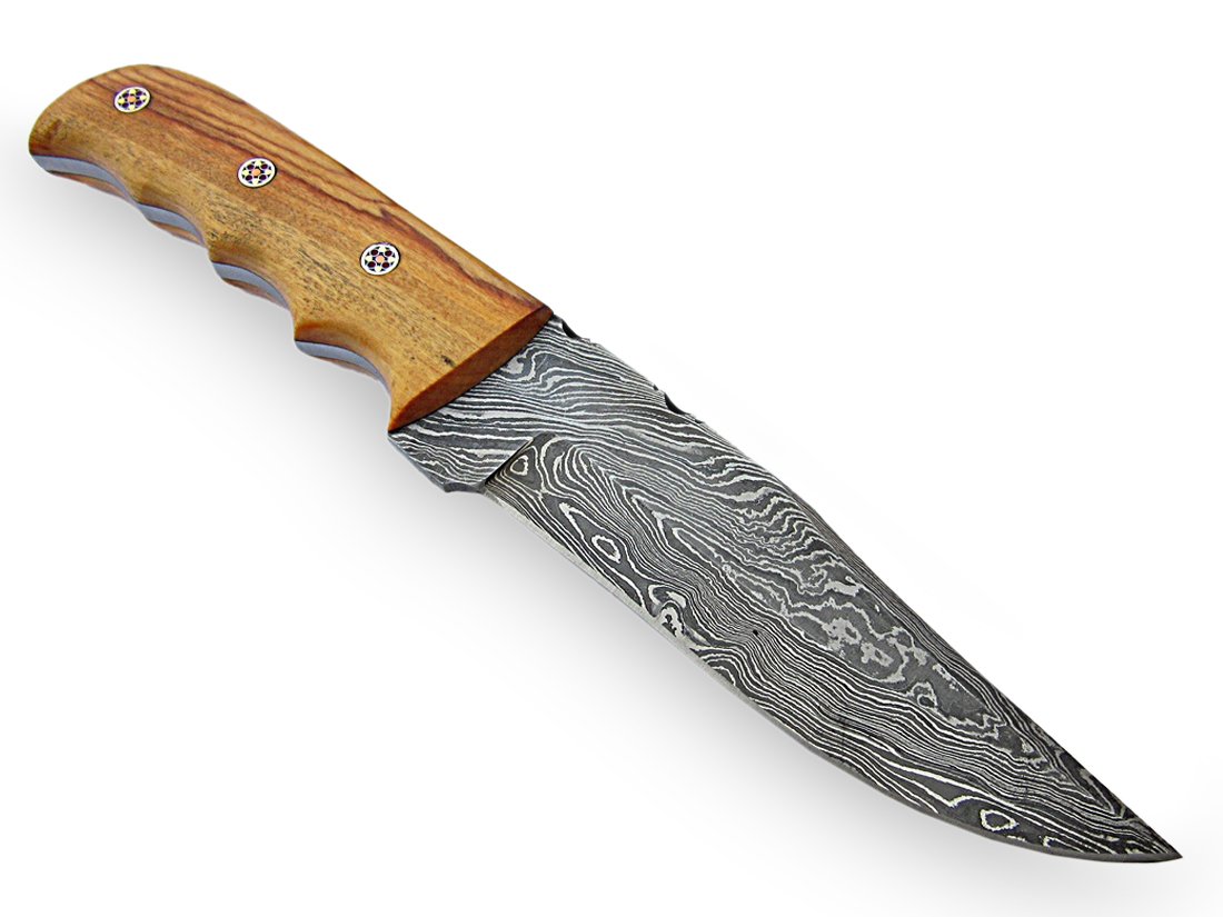 AishaTech Savage Fixed Blade Hunting Knife Damascus Steel Blade Wood Handle w/Mosaic Pin
