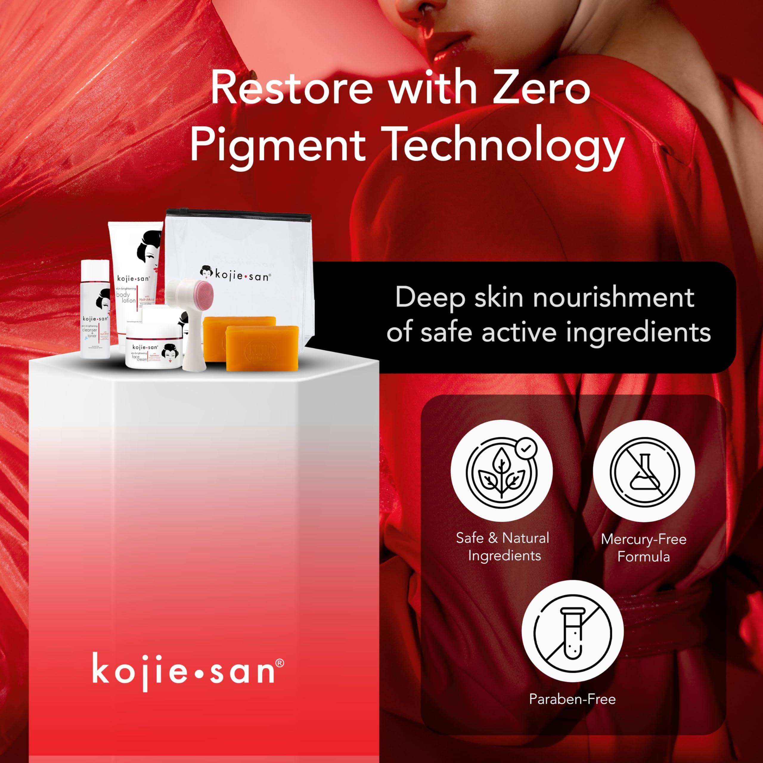Kojie San Face & Body Complete Brightening Mini Set - 65 Gram x 2 Bars Soap, Body Lotion, Face Cream, and Facial Cleansing Brush