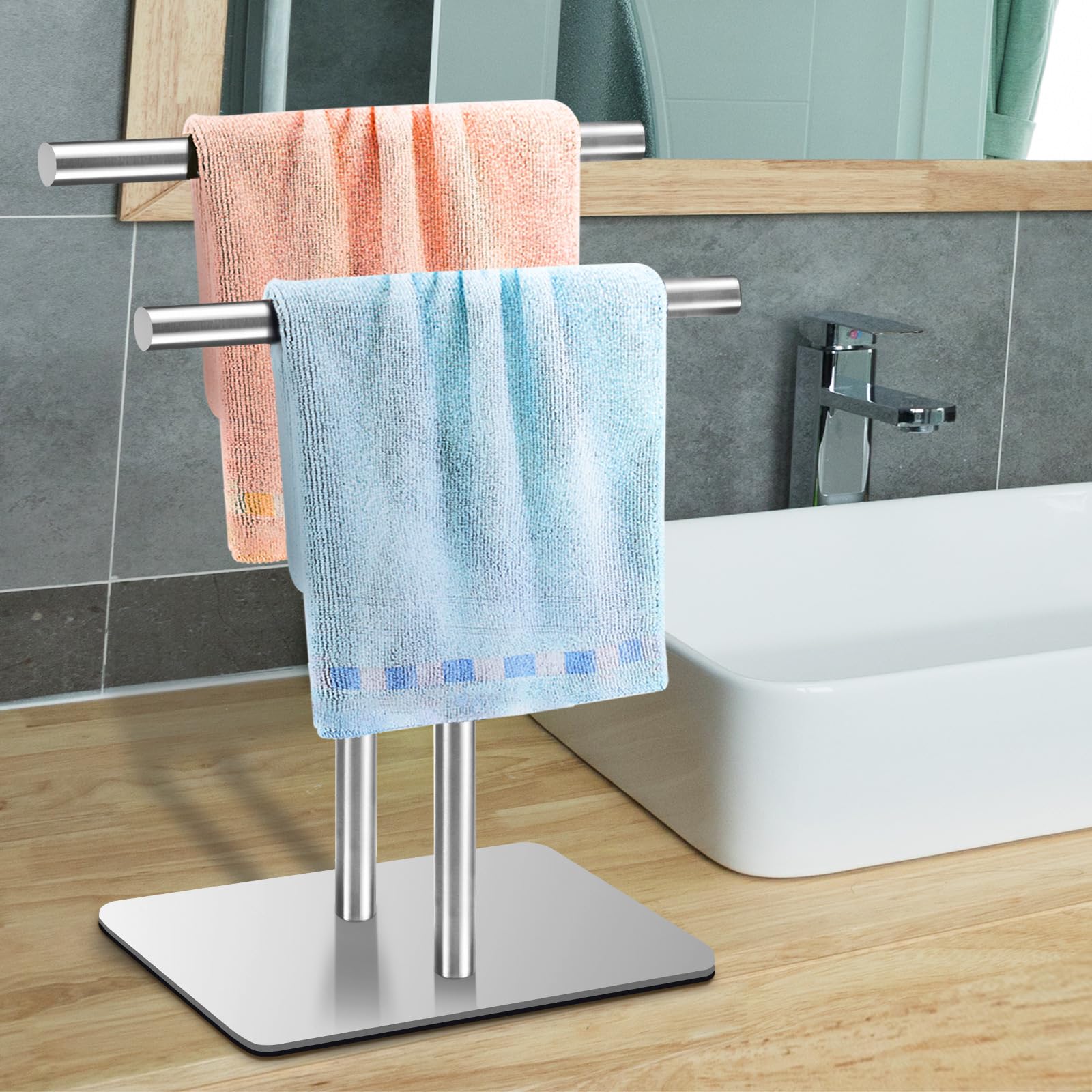 Square T-Shape Hand Towel Holder 2-Tier - Standing Hand Towel Rack for Bathroom or Kitchen Countertops, with SUS304 Stainless Steel Brushed Finish,Minimalist Style