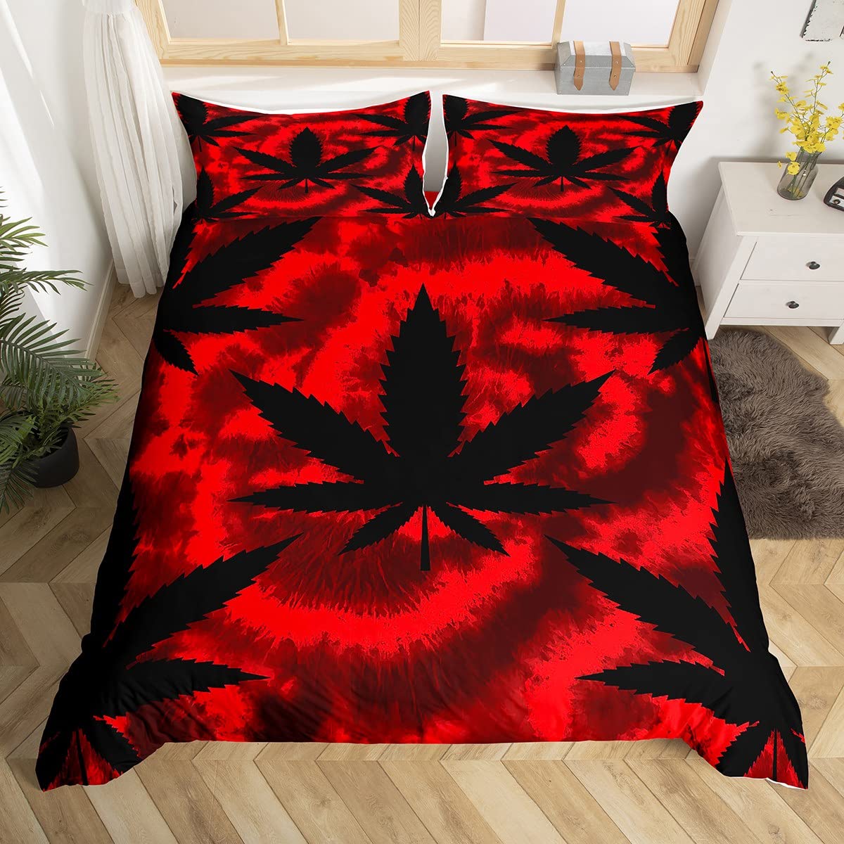 Cannabis Leaves Duvet Cover Queen Size Red Black Tie Dye Vintage Hohemia Bedspread with Ties for Teens AdultsMarijuana Weed Leaf Bedding Comforter Sets 3 Pieces Decorative Bed Cover,No Comforter