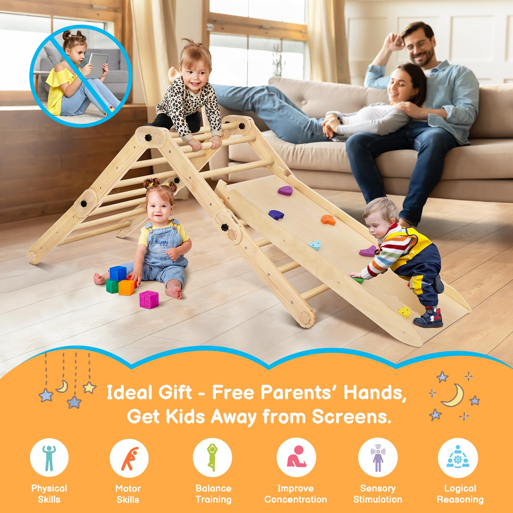 Dripex Pikler Triangle Set, X-Large Climbing Triangle with Reversible Ramp and More Than 20 Playing Modes, Premium Early Learning Montessori Climbing Toys for Toddler Kids