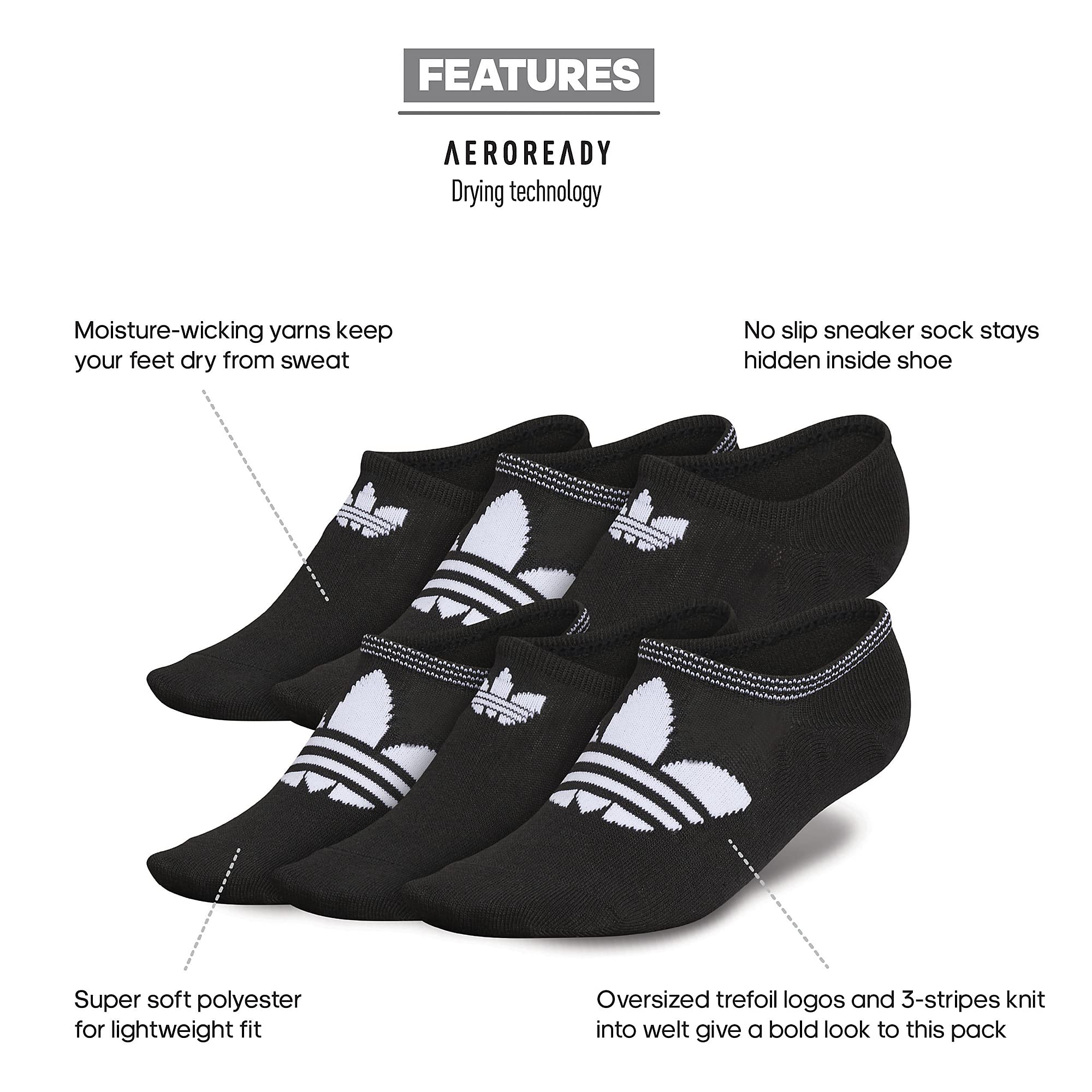 adidas Originals Women's Originals Trefoil Superlite 6-Pack Super No Show, Black/White, Medium
