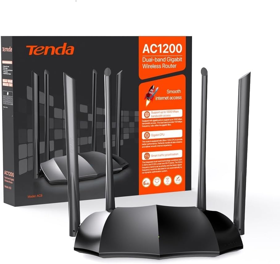 Tenda AC1200 Gigabit WiFi Router - Dual Band High Speed Wireless Internet Router, 3xWAN/LAN Gigabit Ports, 4x6dBi Antennas, MU-MIMO, Beamforming, IPv6, Guest WiFi, AP Mode(AC8)